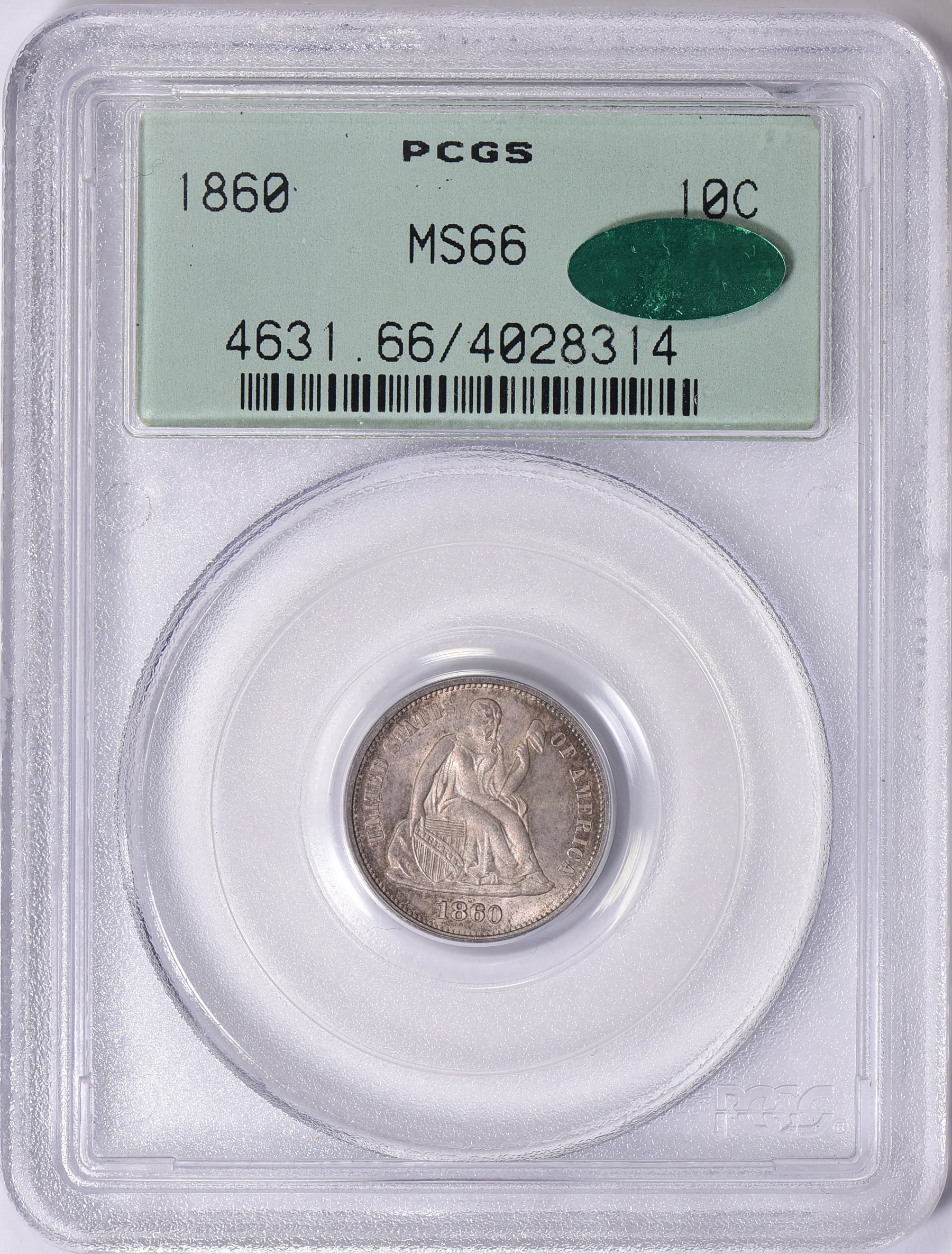 1860 Seated Liberty Dime PCGS MS-66 (CAC Green) OGH (Toned) (Item 1637732) | GreatCollections ...