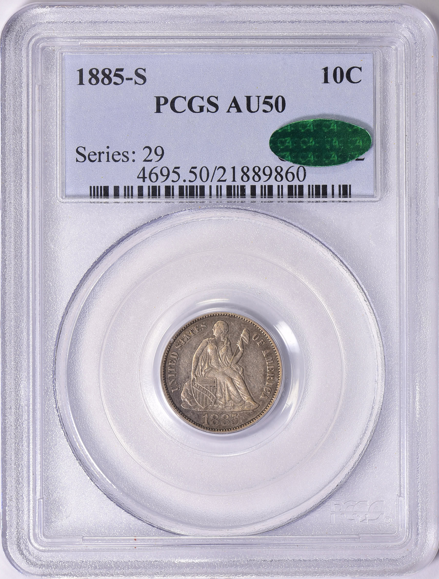 1885-S Seated Liberty Dime PCGS AU-50 (CAC Green) (Toned) (Item 1637734) | GreatCollections Coin ...