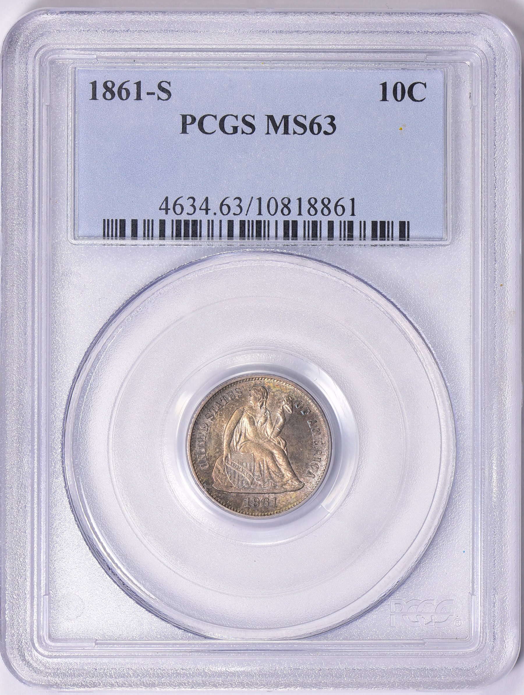 1861-S Seated Liberty Dime PCGS MS-63 (Toned) (Item 1637746) | GreatCollections Coin Auctions