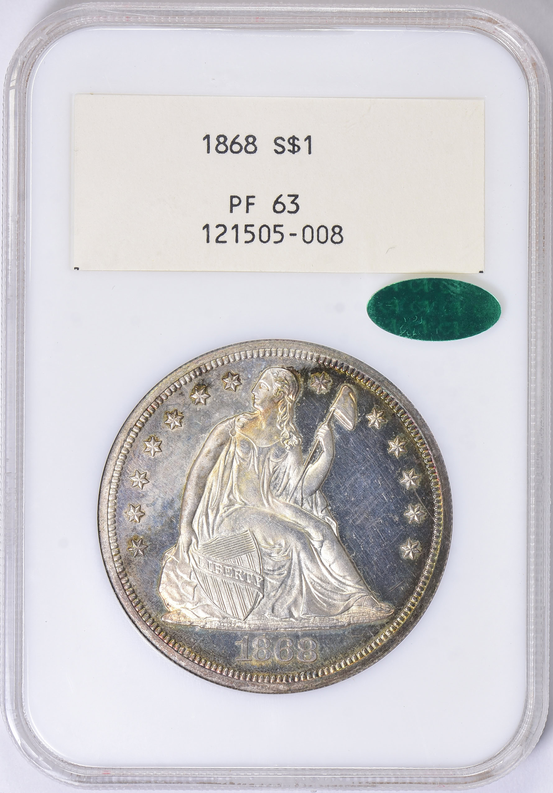 1868 Seated Liberty Silver Dollar NGC Proof-63 (CAC Green) OH Toned (Item 1638123 ...