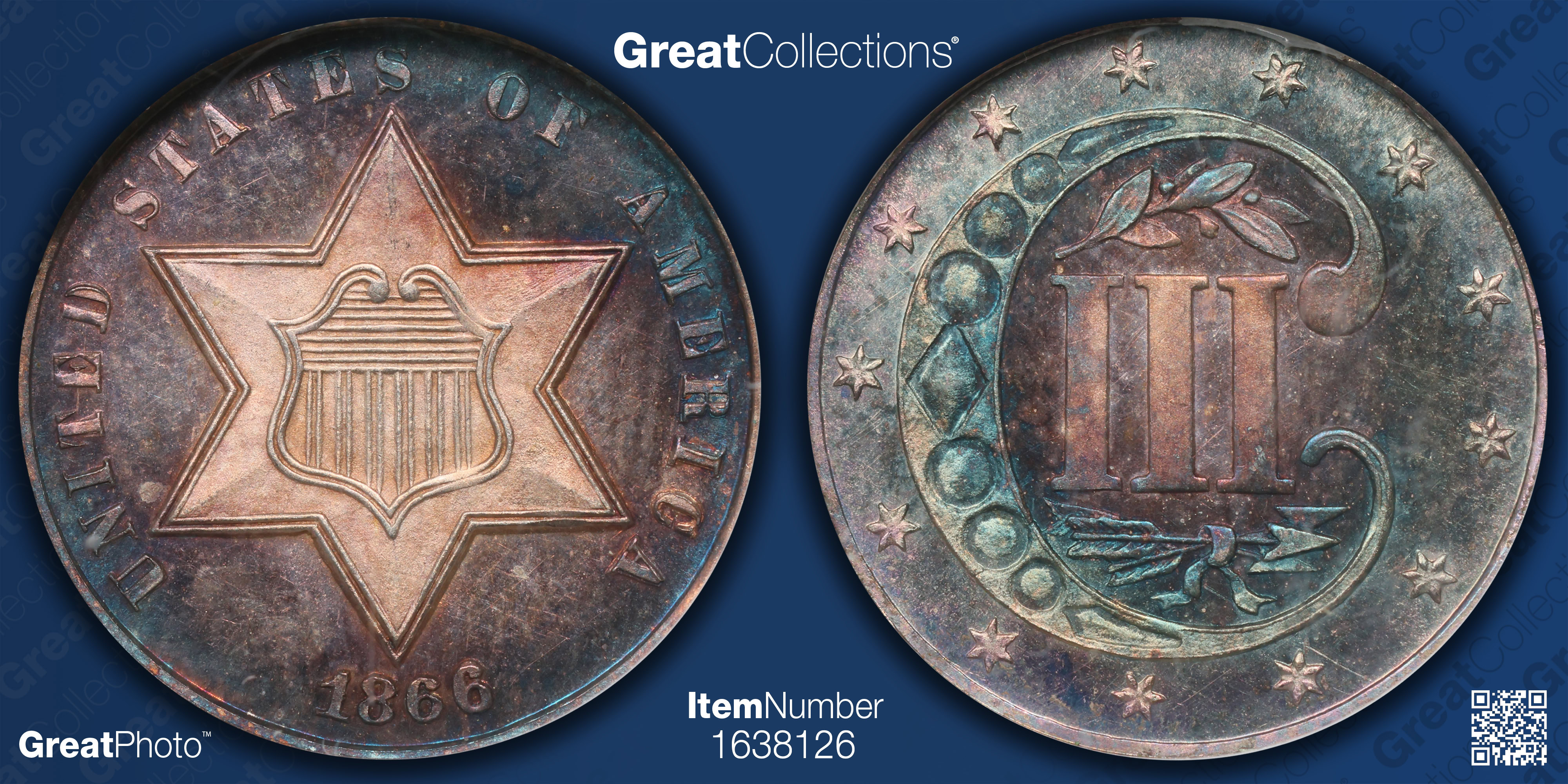 1866 Silver Three-Cent Piece NGC MS-63 (CAC Gold) OH (Toned) (Item ...