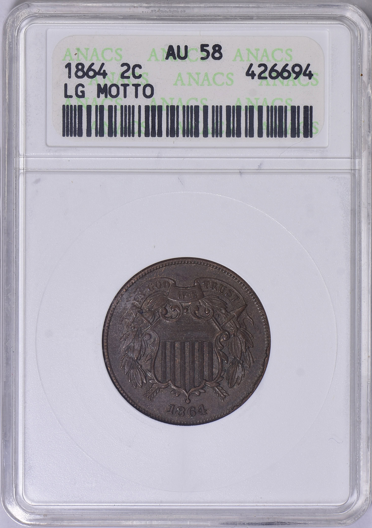 1864 Two-Cent Piece Large Motto ANACS AU-58 BN (Item 1638347) | GreatCollections Coin Auctions