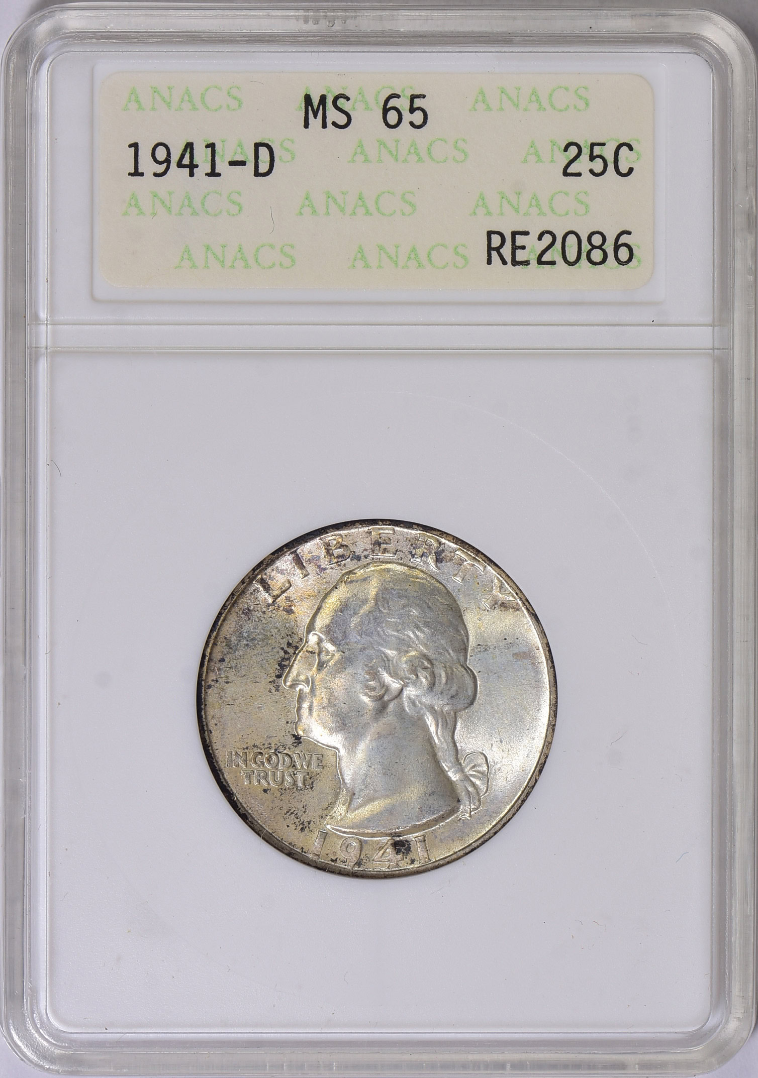1941-D Washington Quarter ANACS MS-65 OH (Toned) (Item 1638379) | GreatCollections Coin Auctions