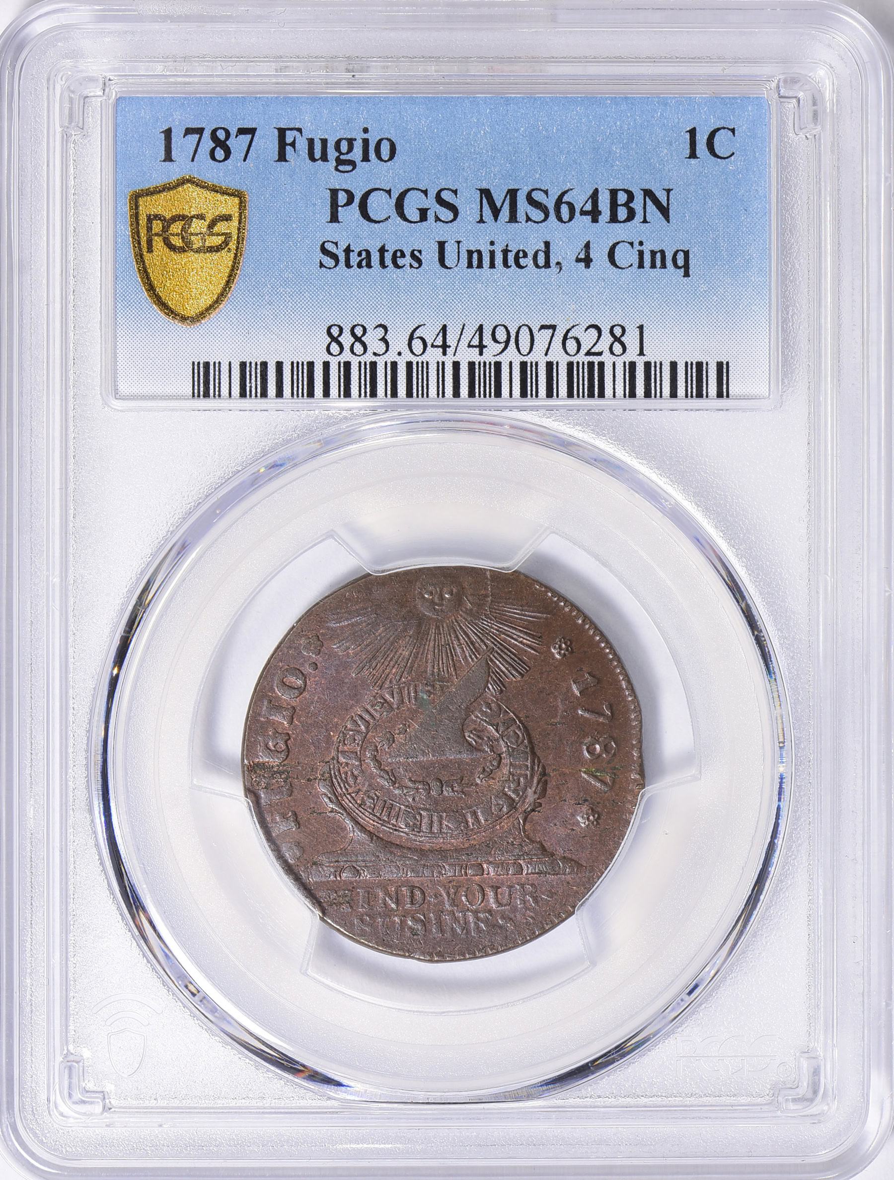 1787 Fugio Cent STATES UNITED, 4 Cinq PCGS MS-64 BN (Item 1638573 ...