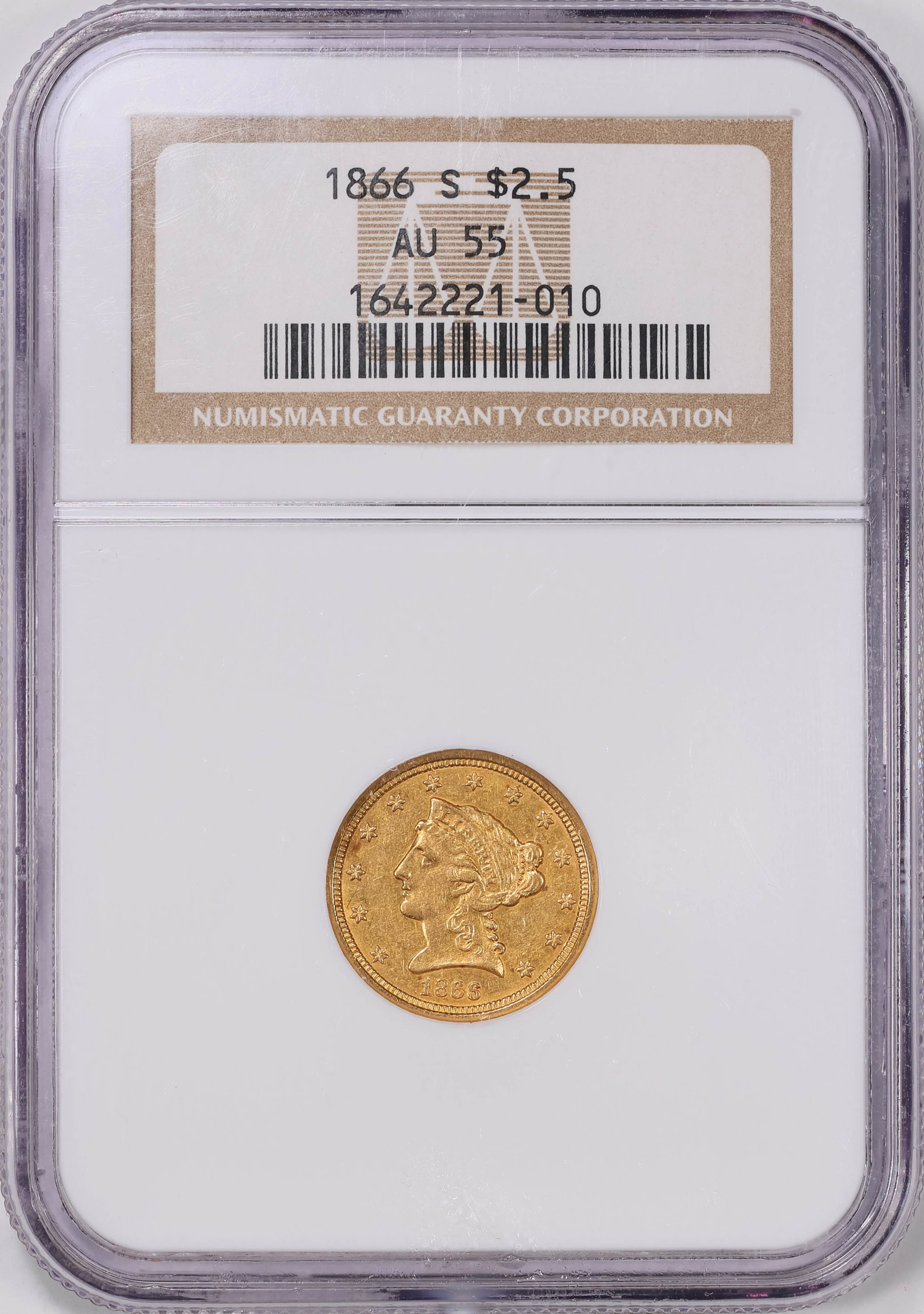 1866-S Liberty Gold Quarter Eagle NGC AU-55 (Item 1638686) | GreatCollections Coin Auctions