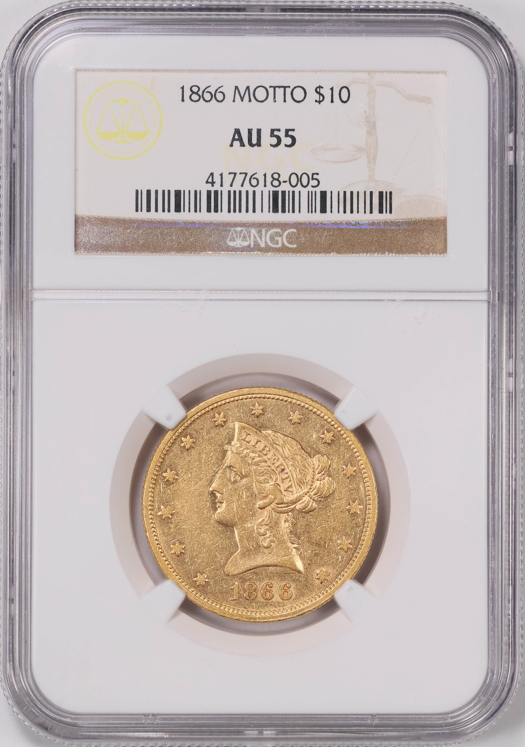 1866 Liberty Gold Eagle Motto NGC AU-55 (Item 1638791) | GreatCollections Coin Auctions