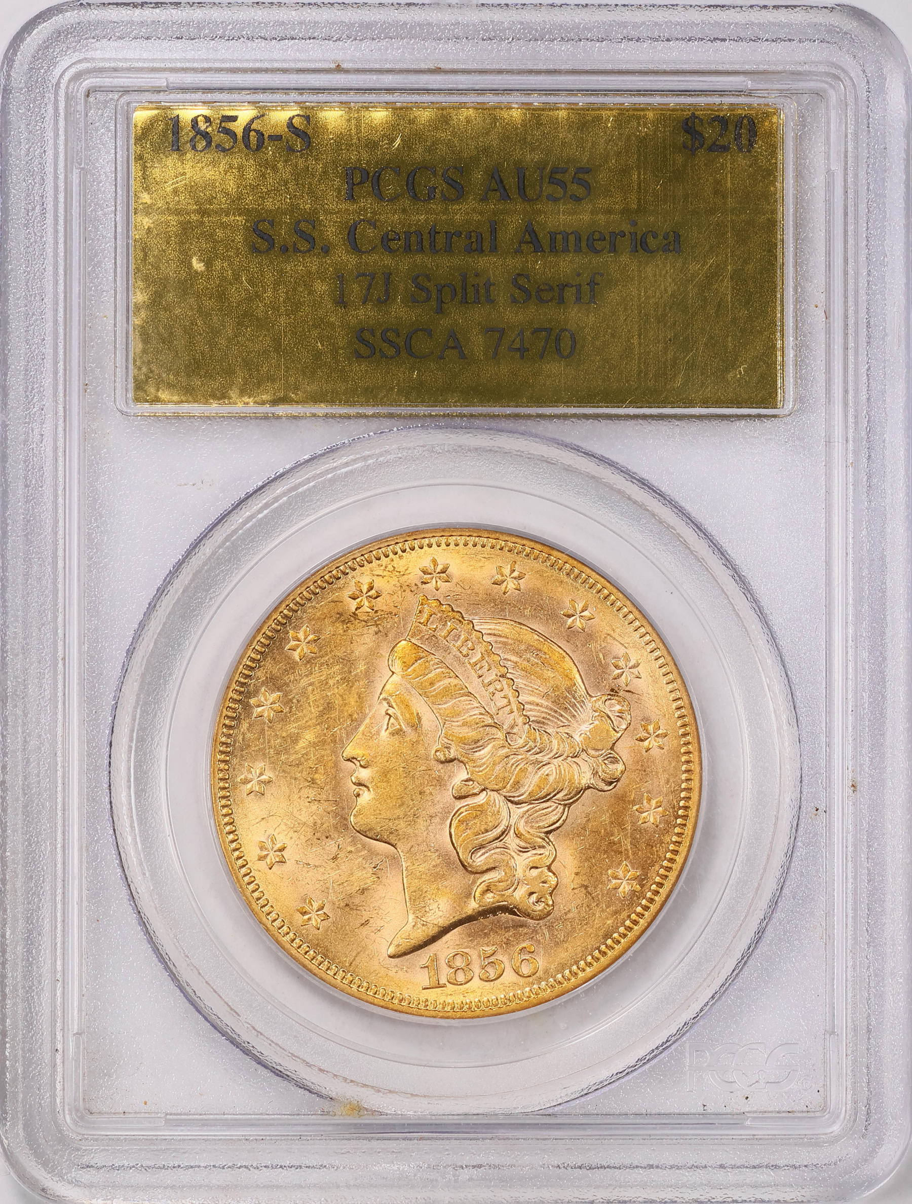 1856-S Liberty Gold Double Eagle 17J Split Serif PCGS AU-55 (Gold Foil ...