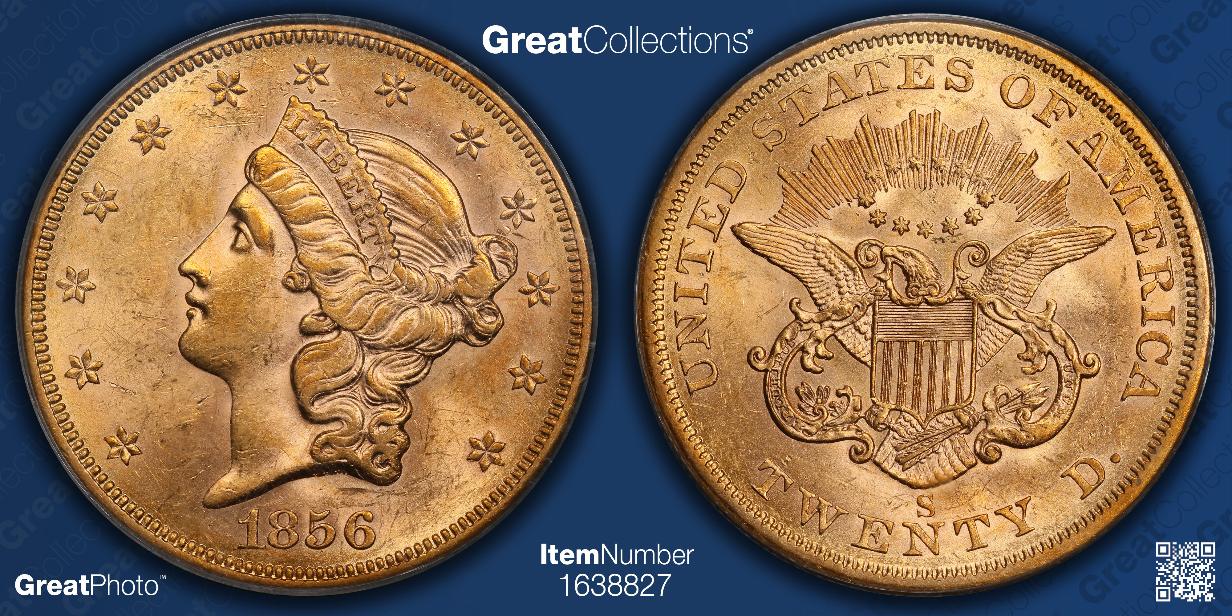 1856-S Liberty Gold Double Eagle 17J Split Serif PCGS AU-55 (Gold Foil ...