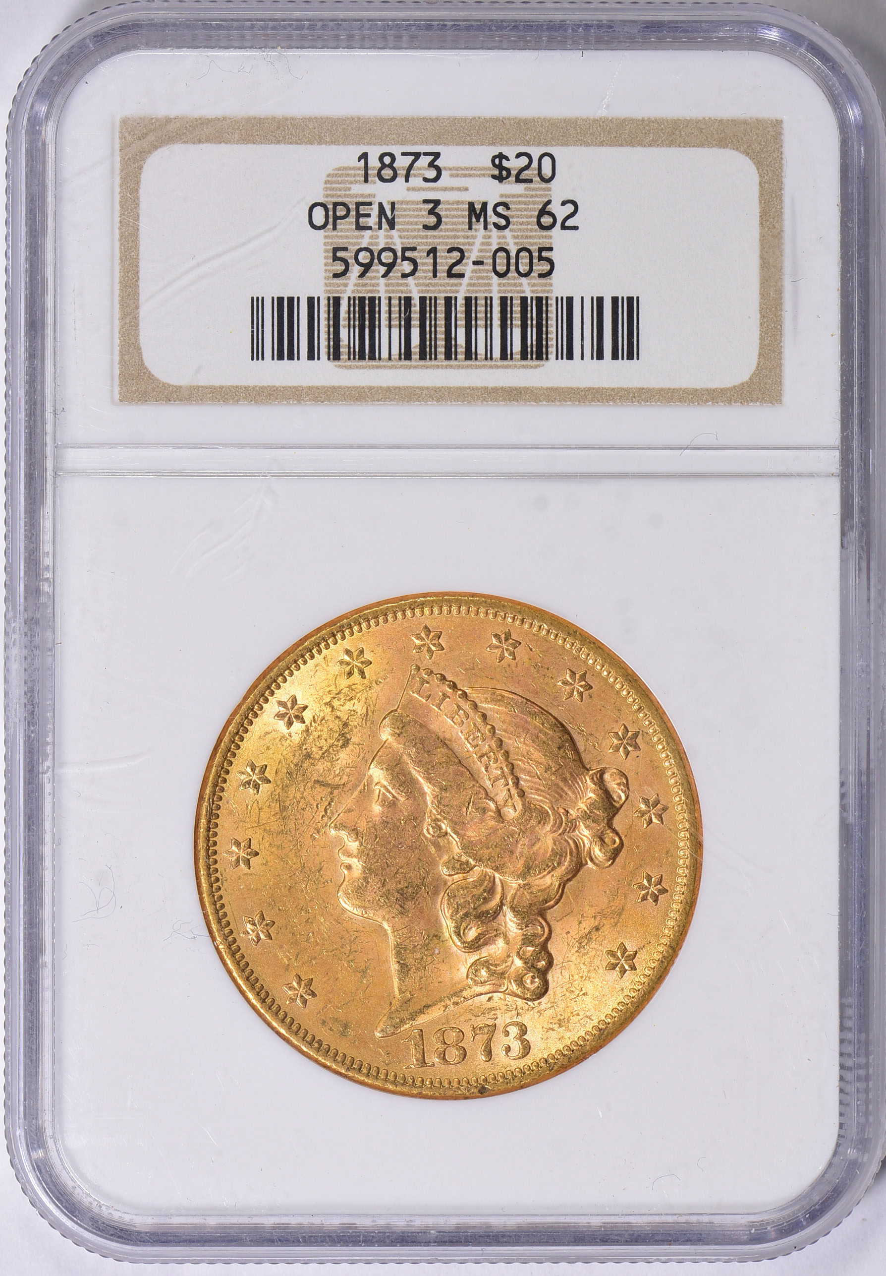 1873 Liberty Gold Double Eagle Open 3 NGC MS-62 (Item 1638829) | GreatCollections Coin Auctions