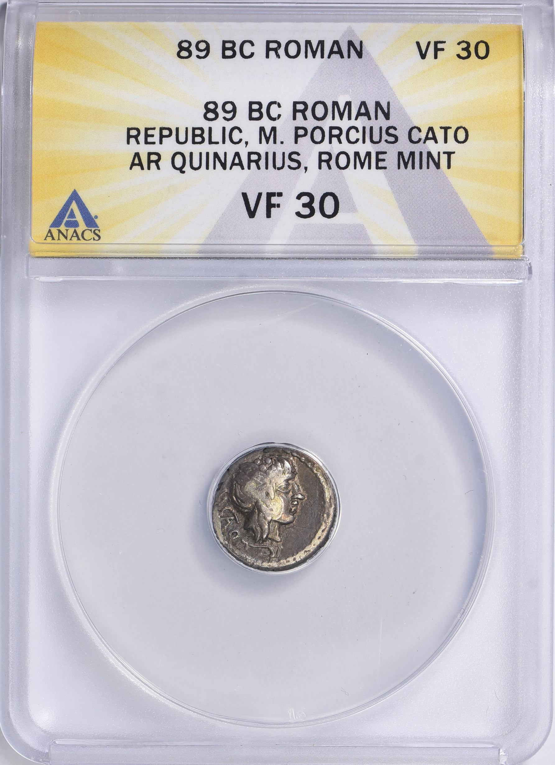 Ancient Roman Republic, M. Porcius Cato Moneyer (c.89 B.C.) AR ...