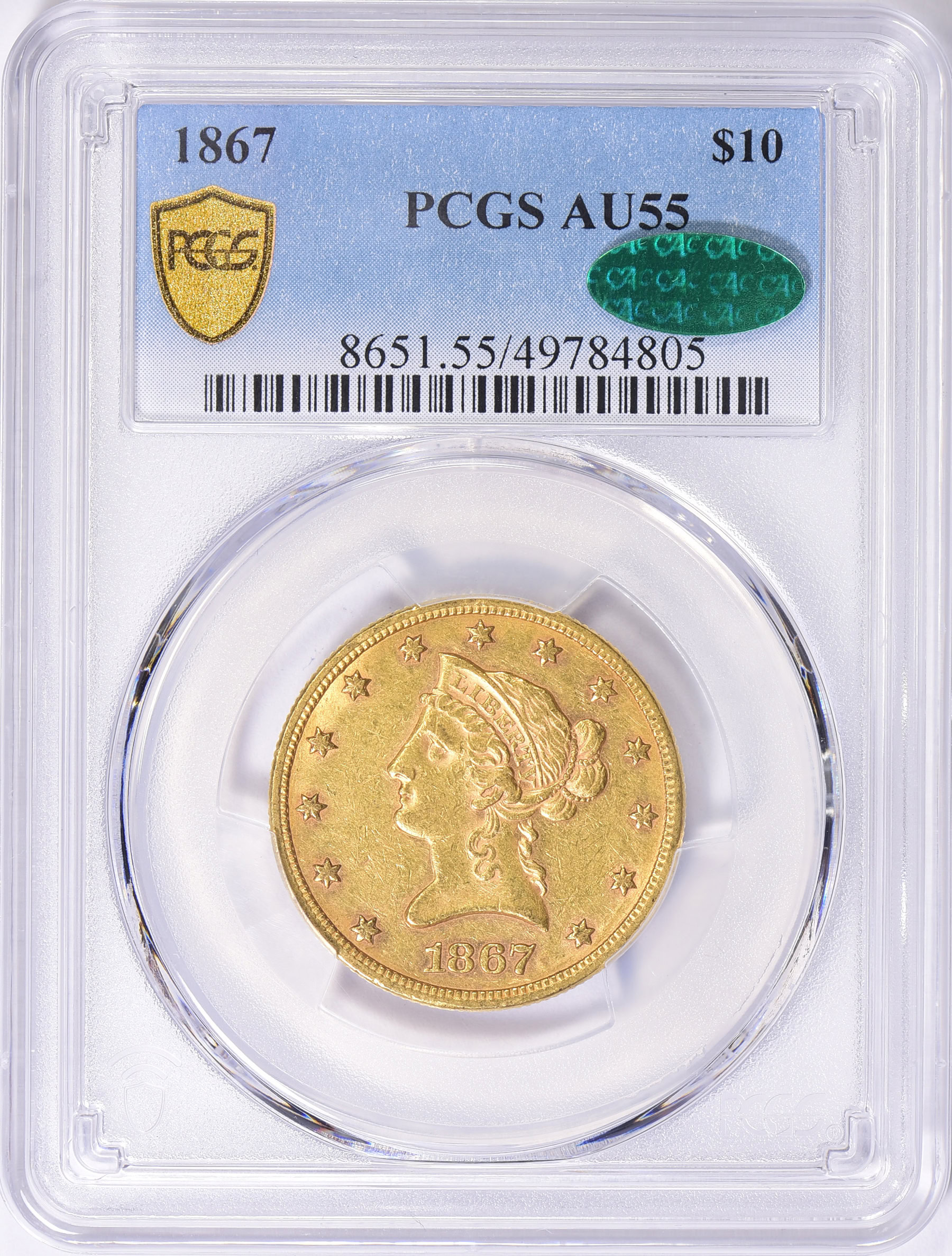 1867 Liberty Gold Eagle PCGS AU-55 (CAC Green) (Item 1639231) | GreatCollections Coin Auctions