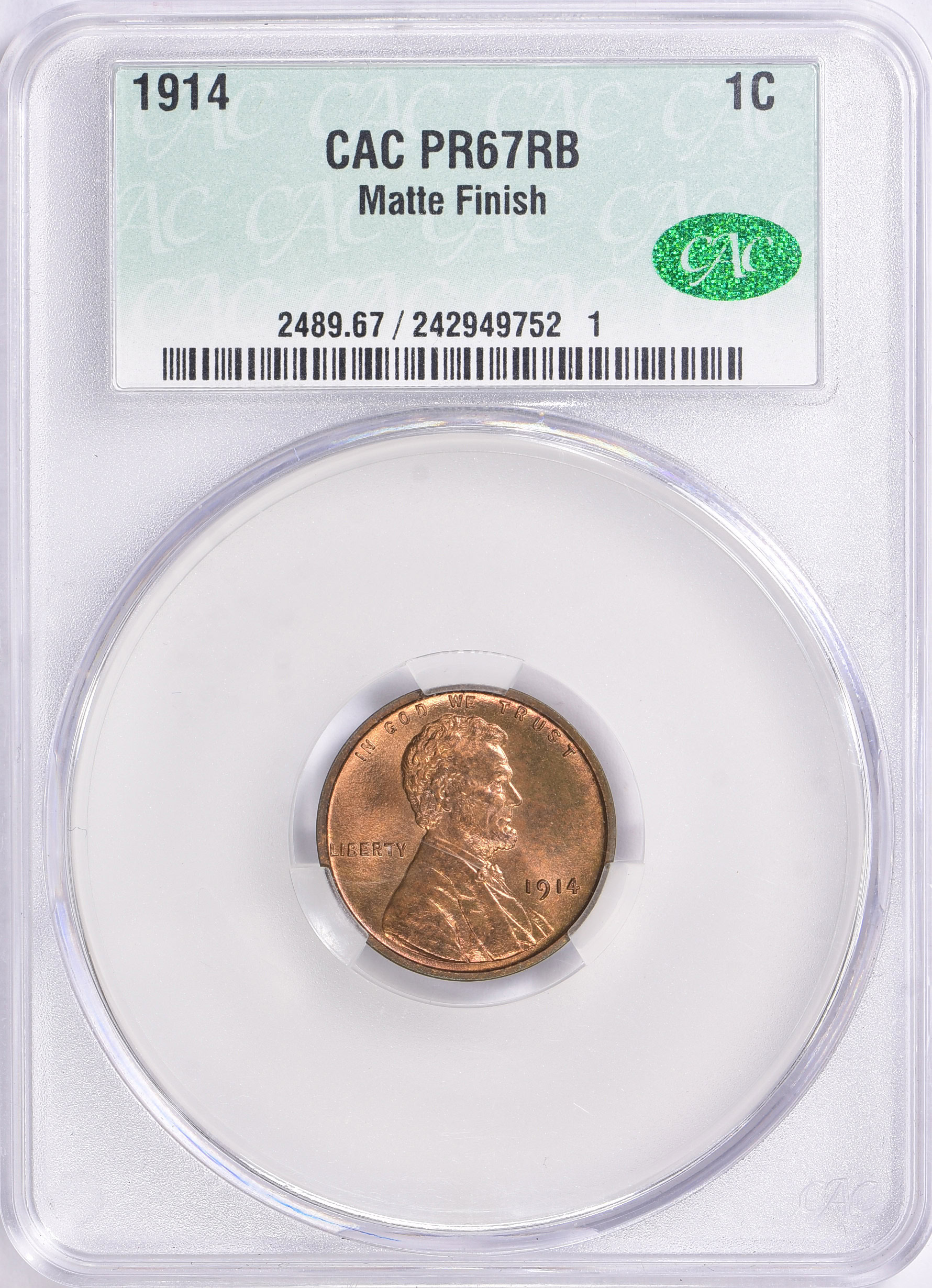 1914 Lincoln Cent Matte Finish CACG Proof-67 RB (Item 1639312 ...