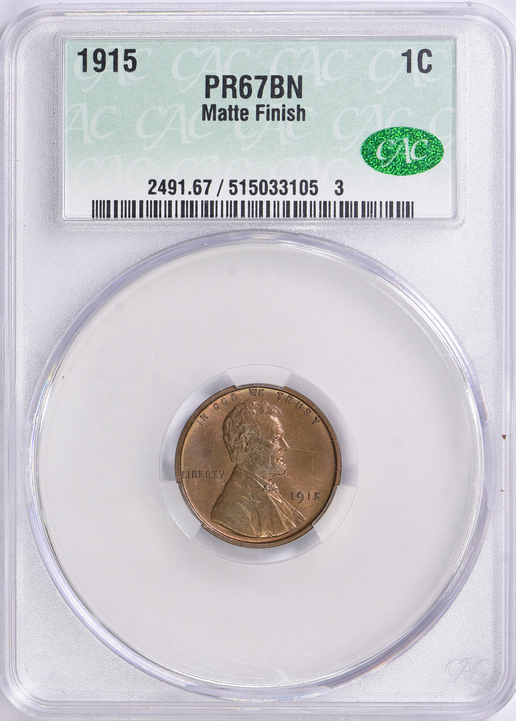 1915 Lincoln Cent Matte Finish CACG Proof-67 BN (Item 1639313 ...