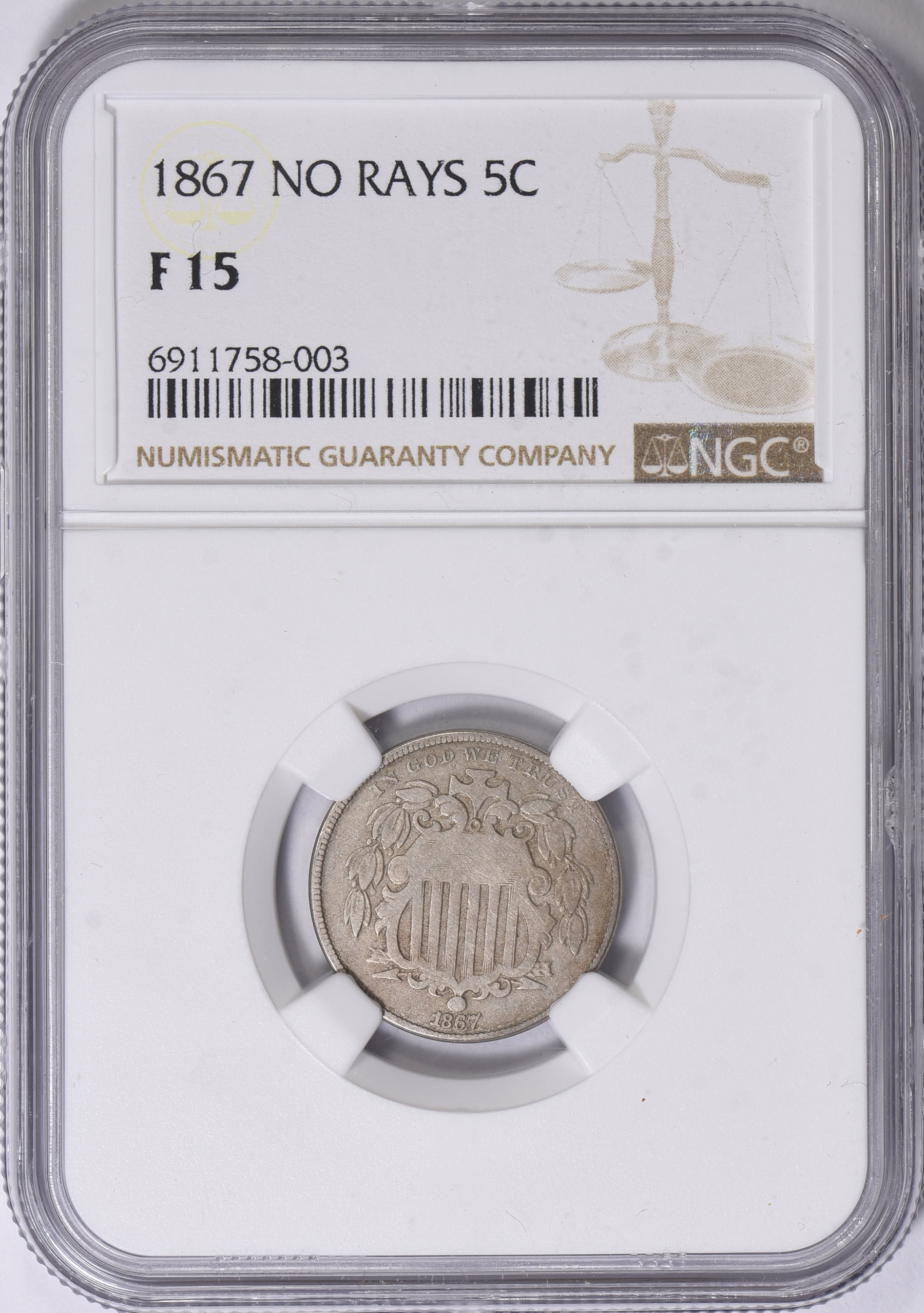1867 Shield Nickel No Rays NGC F-15 (Item 1639378) | GreatCollections Coin Auctions