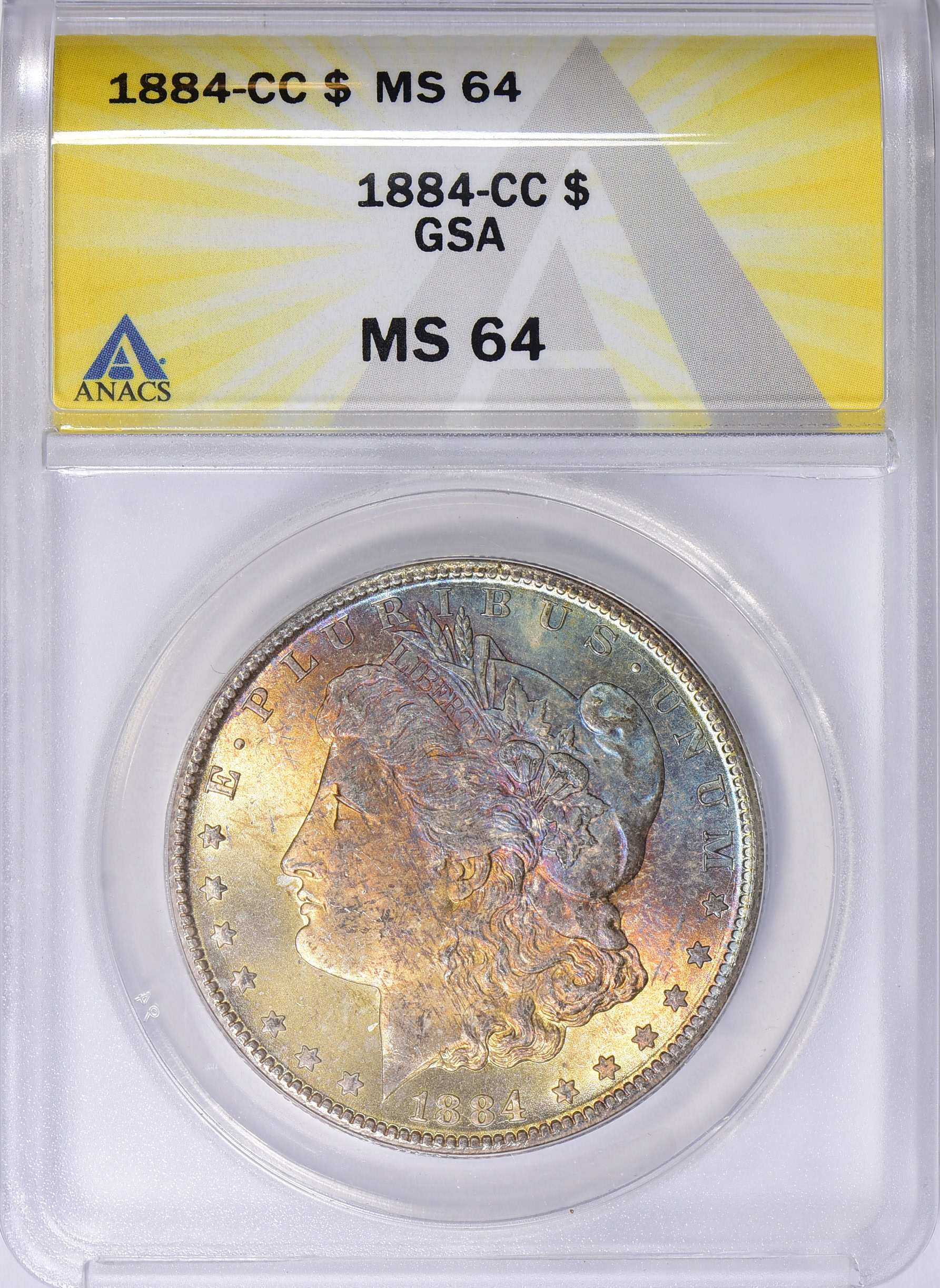1884-CC Morgan Silver Dollar GSA Hoard ANACS MS-64 (Toned) (Item 1639691) | GreatCollections ...