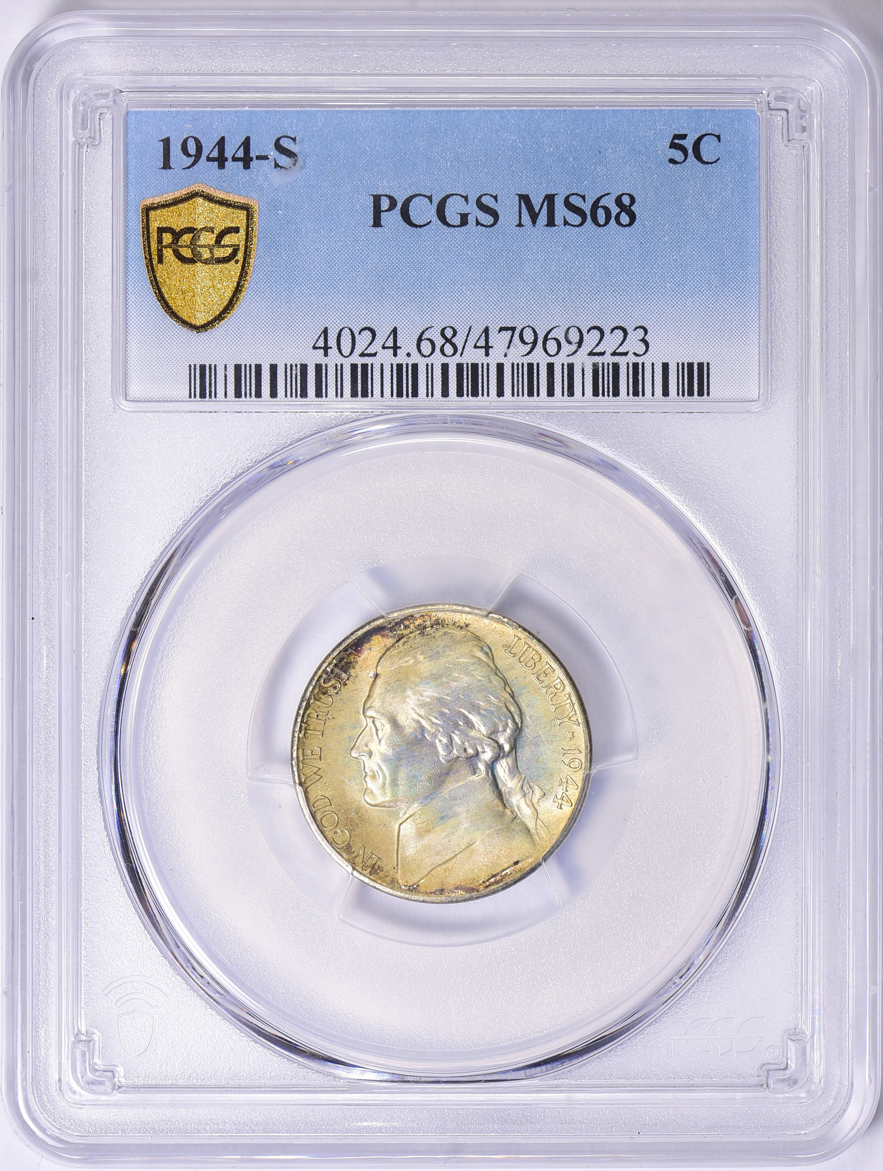 1944-S Jefferson Nickel PCGS MS-68 (Toned) (Item 1639763) | GreatCollections Coin Auctions