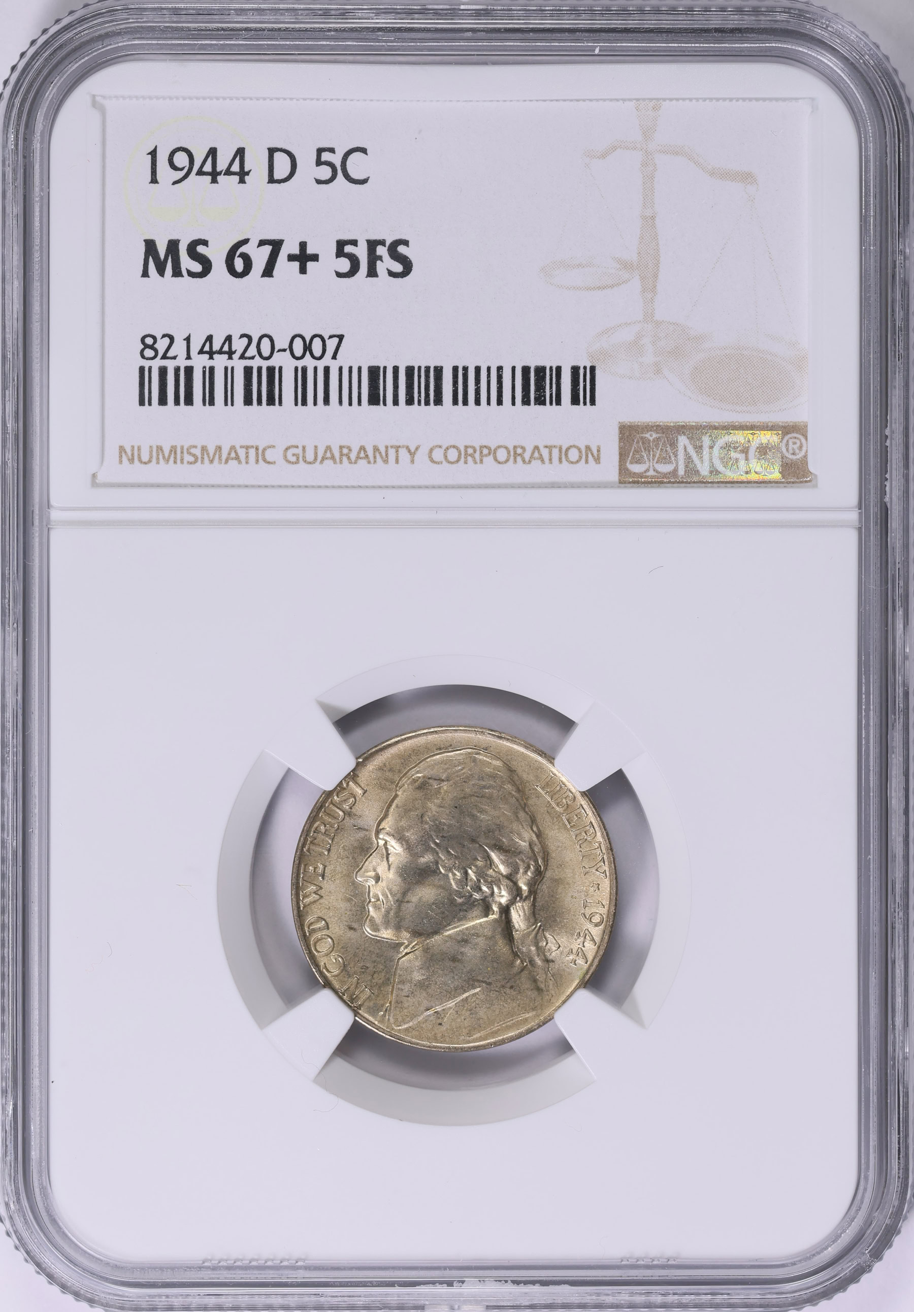 1944-D Jefferson Nickel NGC MS-67+ 5FS (Item 1639772) | GreatCollections Coin Auctions