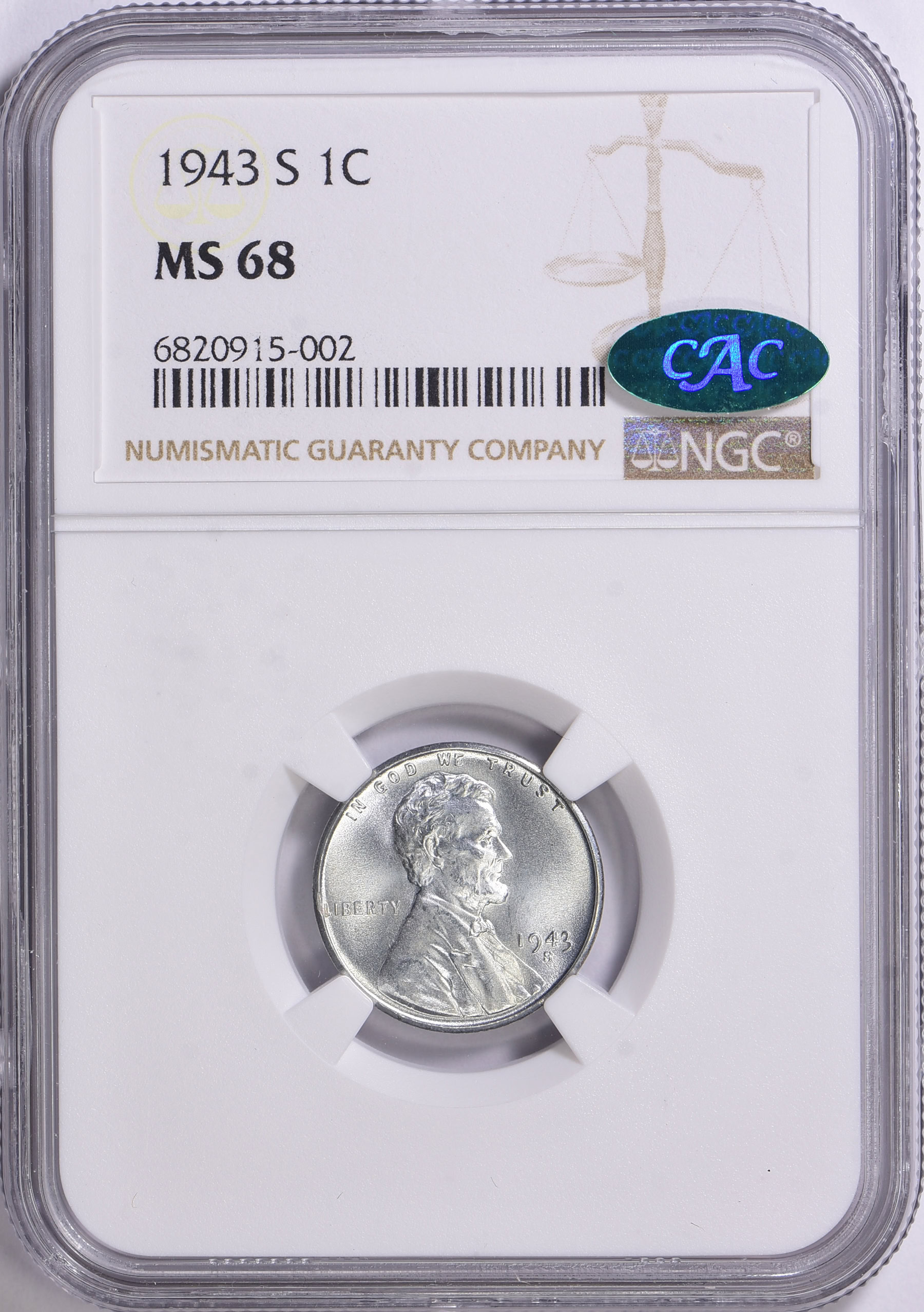 1943-S Lincoln Cent NGC MS-68 (CAC Green) (Item 1639775 ...