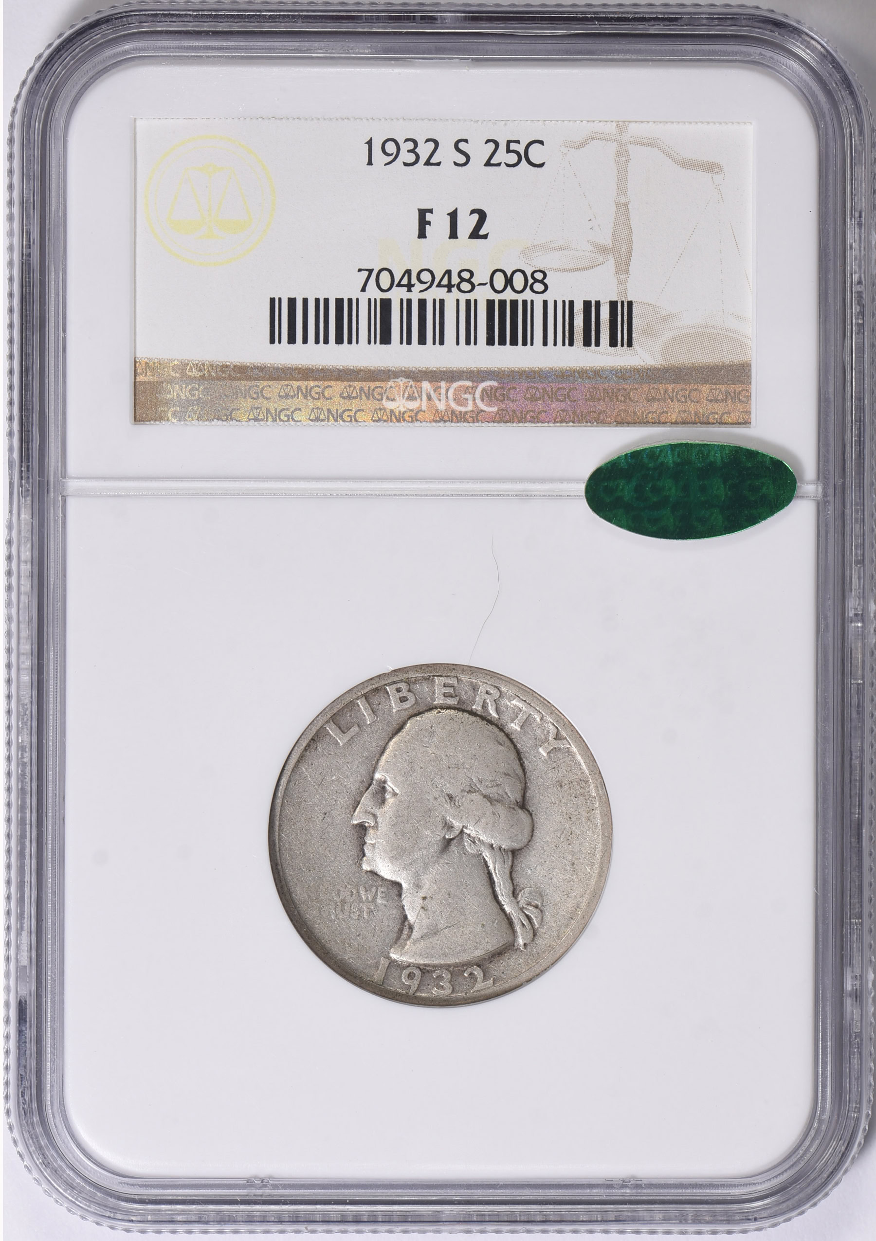 1932-S Washington Quarter NGC F-12 (CAC Green) (Item 1639789) | GreatCollections Coin Auctions