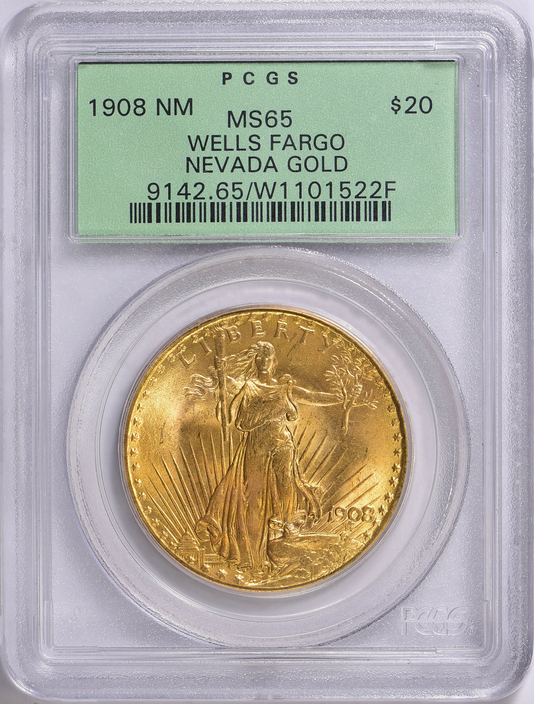 1908 Saint-Gaudens Gold Double Eagle No Motto Wells Fargo Nevada Gold ...