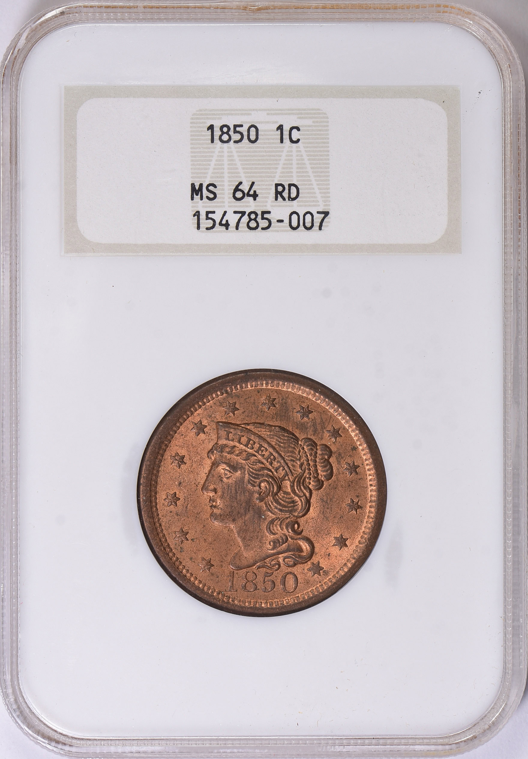 1850 Braided Hair Cent NGC MS-64 RD OH (Item 1640086) | GreatCollections Coin Auctions