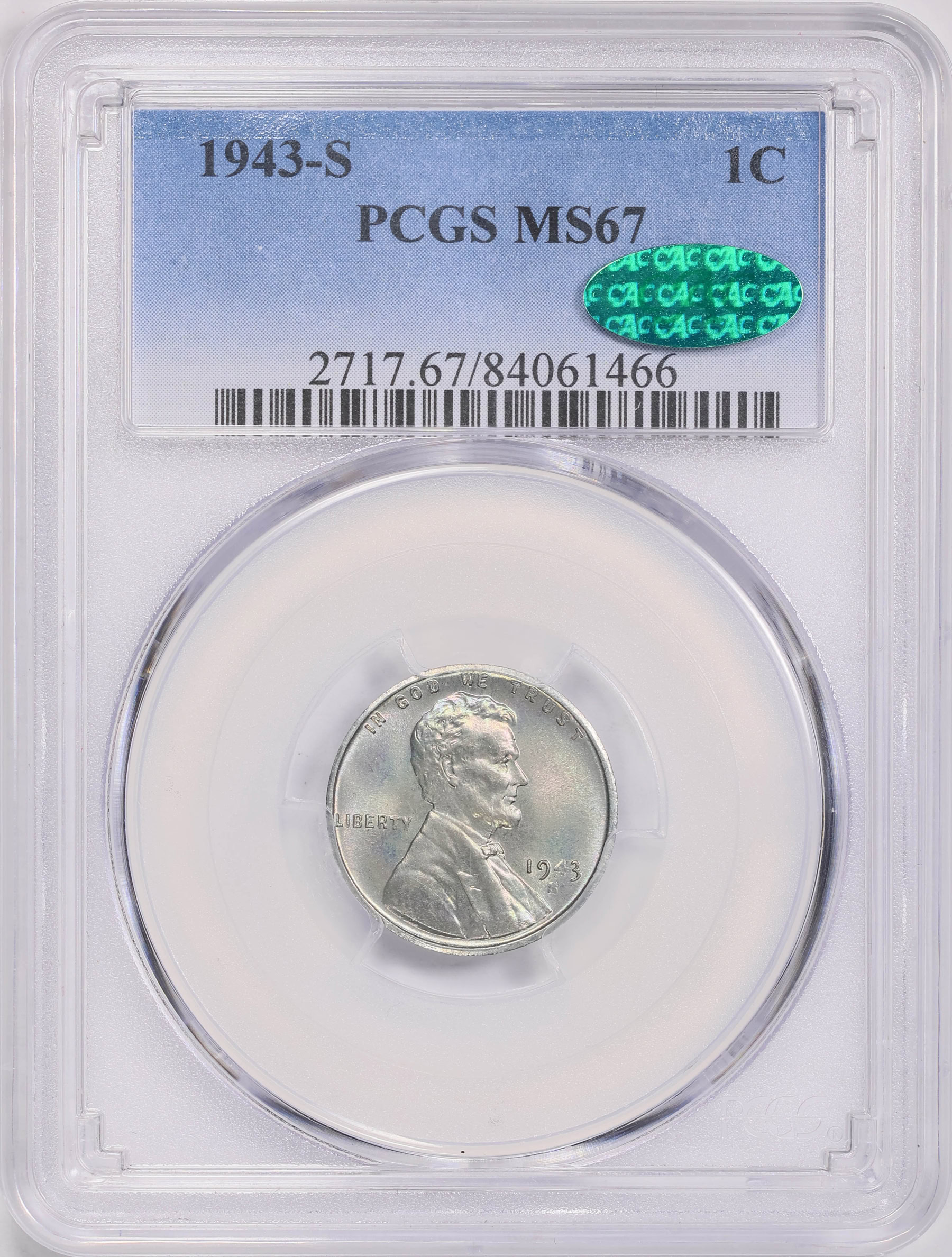 1943-S Lincoln Cent PCGS MS-67 (CAC Green) (Toned) (Item 1640366) | GreatCollections Coin Auctions