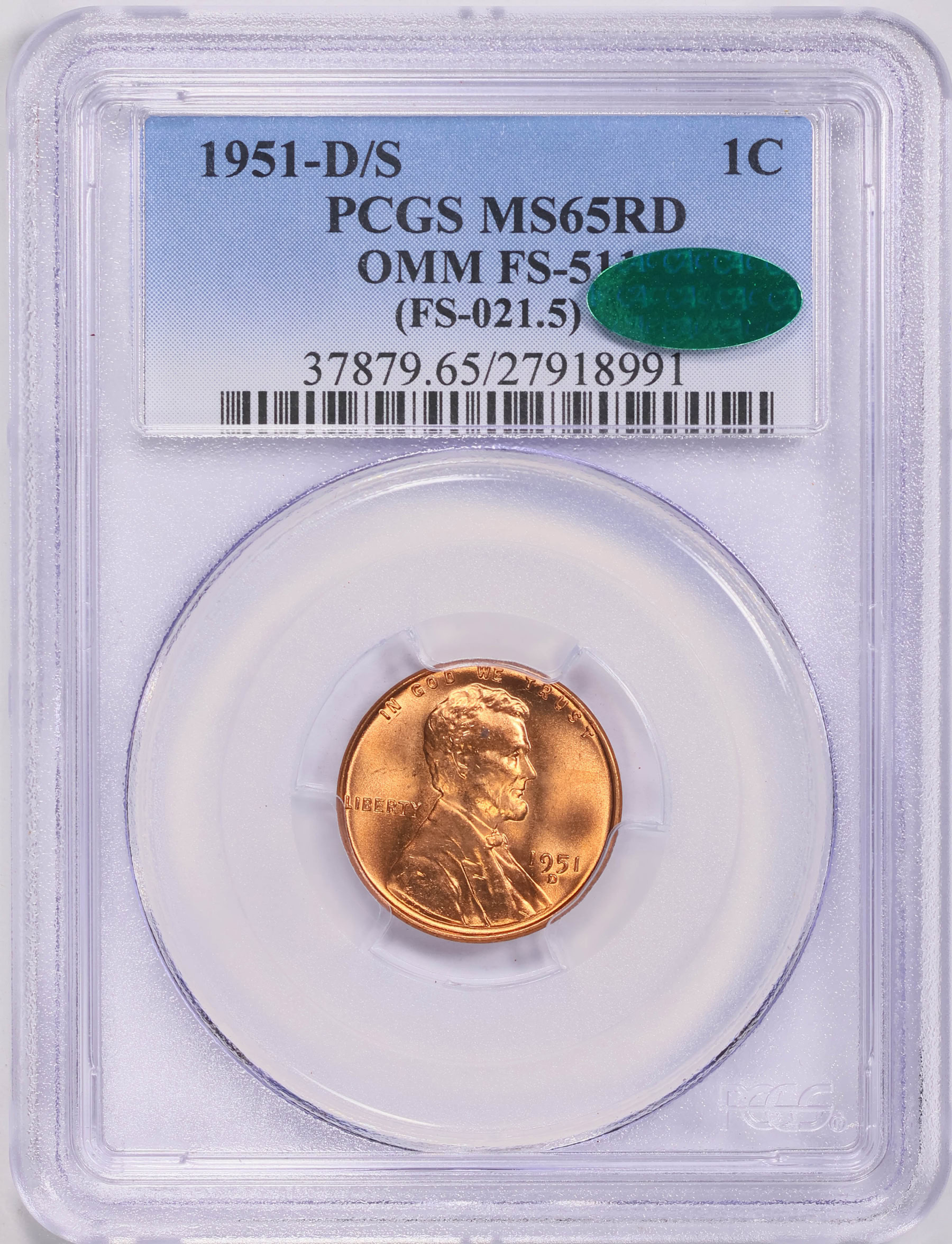 1951-D/S Lincoln Cent Over Mintmark FS-511 (FS-021.5) PCGS MS-65 RD (CAC Green) (Item 1640381 ...
