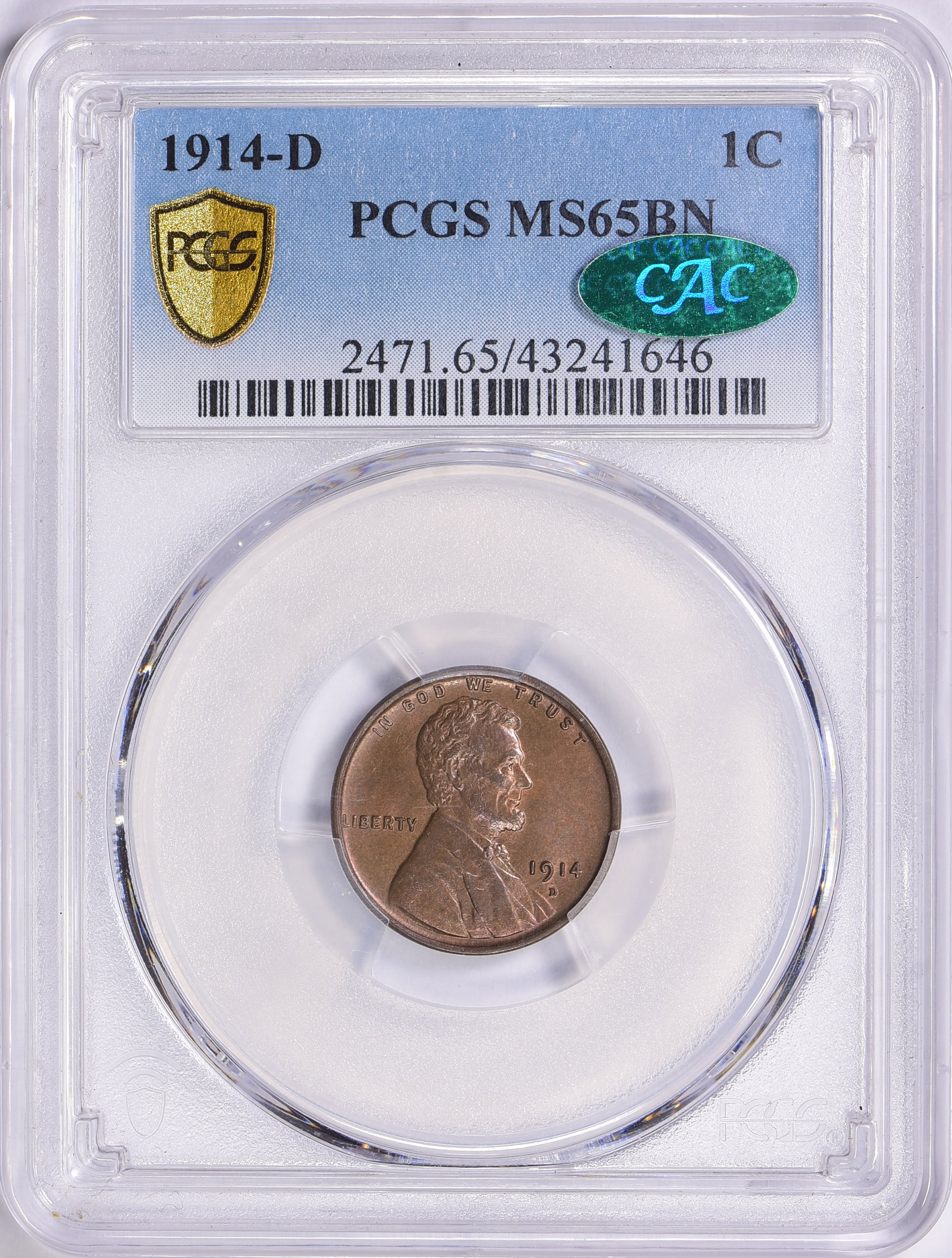1914-D Lincoln Cent PCGS MS-65 BN (CAC Green) (Toned) (Item 1640411) | GreatCollections Coin ...