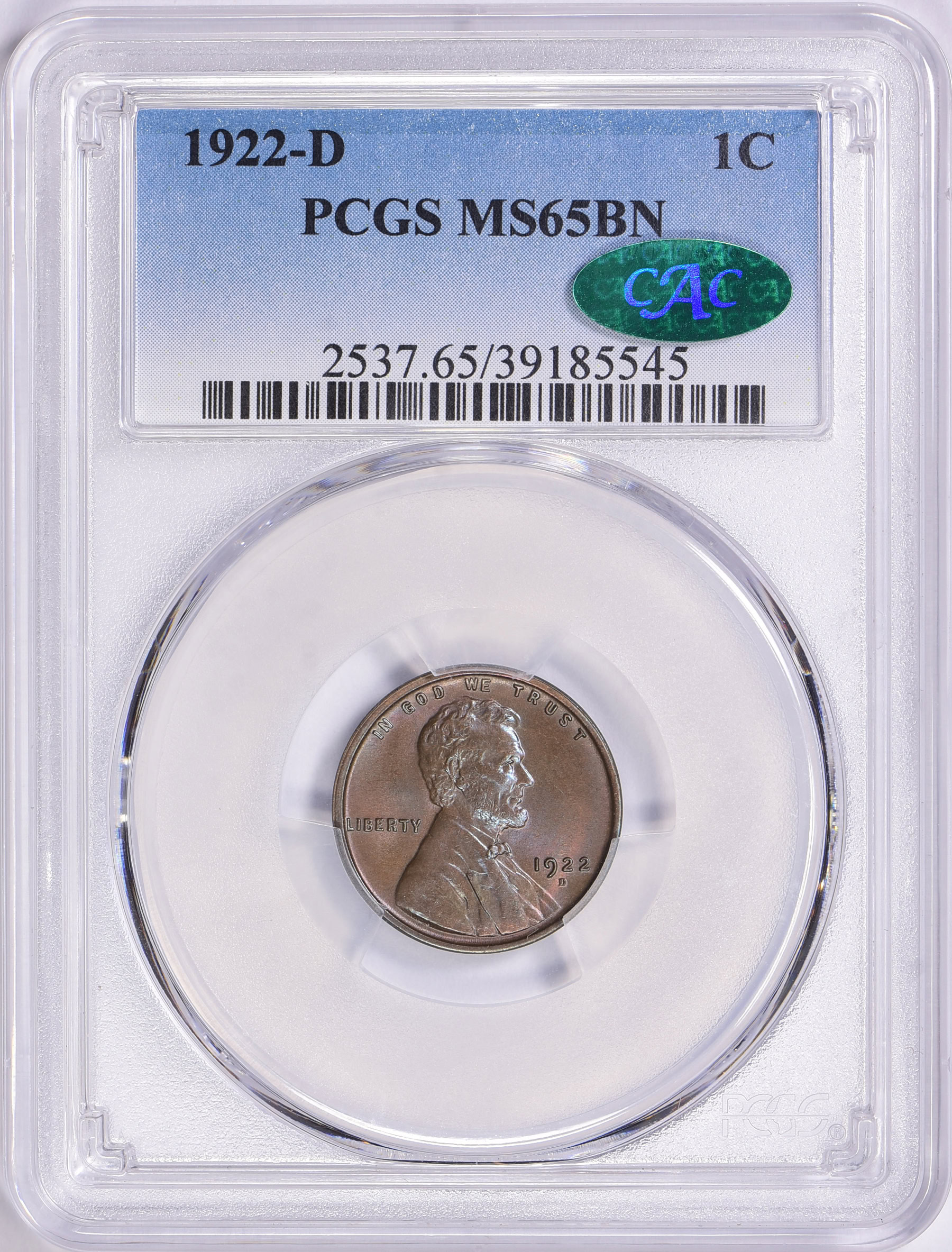 1922-D Lincoln Cent PCGS MS-65 BN (CAC Green) (Toned) (Item 1640430) | GreatCollections Coin ...