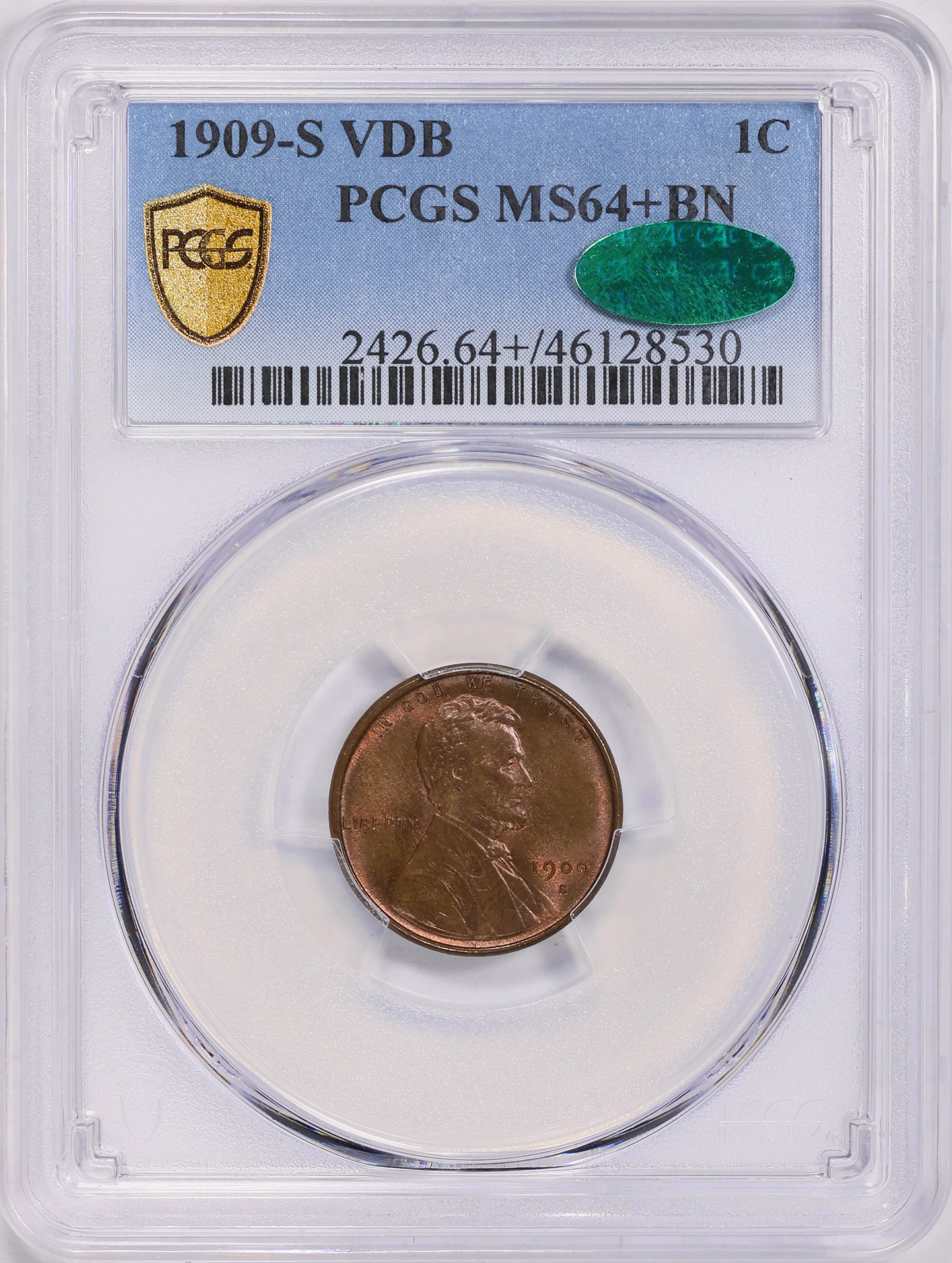 1909-S Lincoln Cent V.D.B. PCGS MS-64+ BN (CAC Green) (Item 1640584) | GreatCollections Coin ...