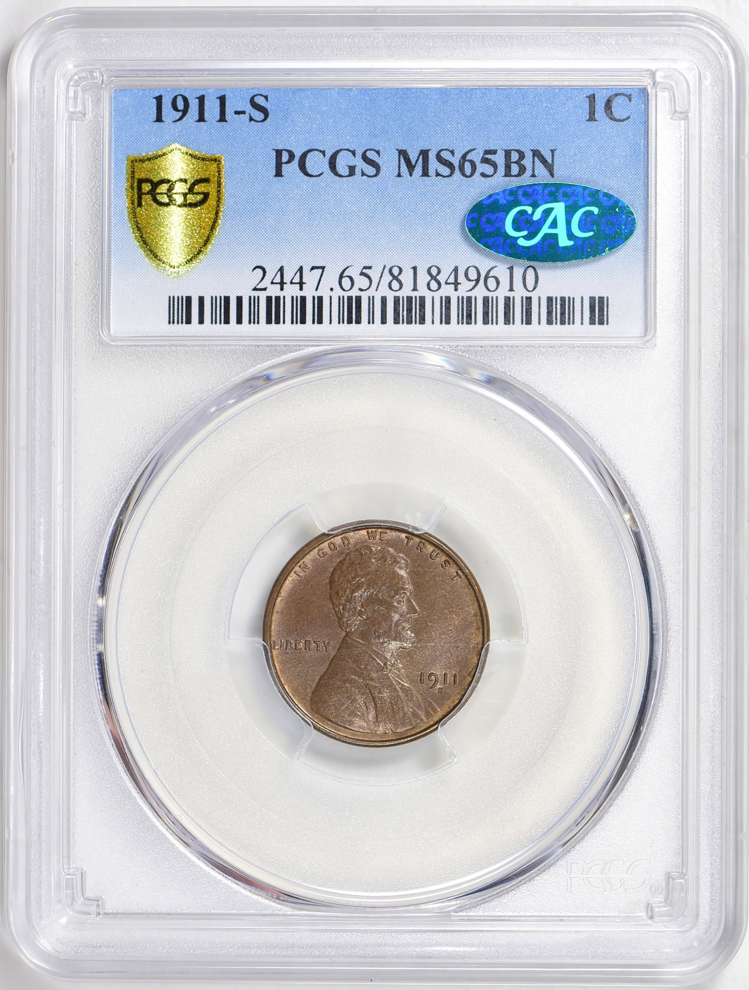 1911-S Lincoln Cent PCGS MS-65 BN (CAC Green) (Item 1640590) | GreatCollections Coin Auctions