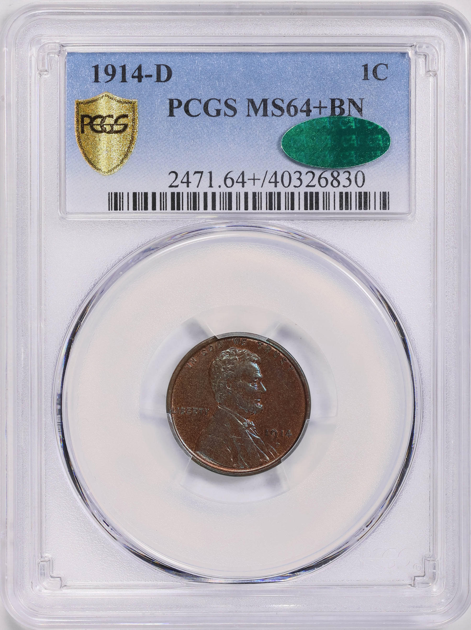1914-D Lincoln Cent PCGS MS-64+ BN (CAC Green) (Toned) (Item 1640598) | GreatCollections Coin ...