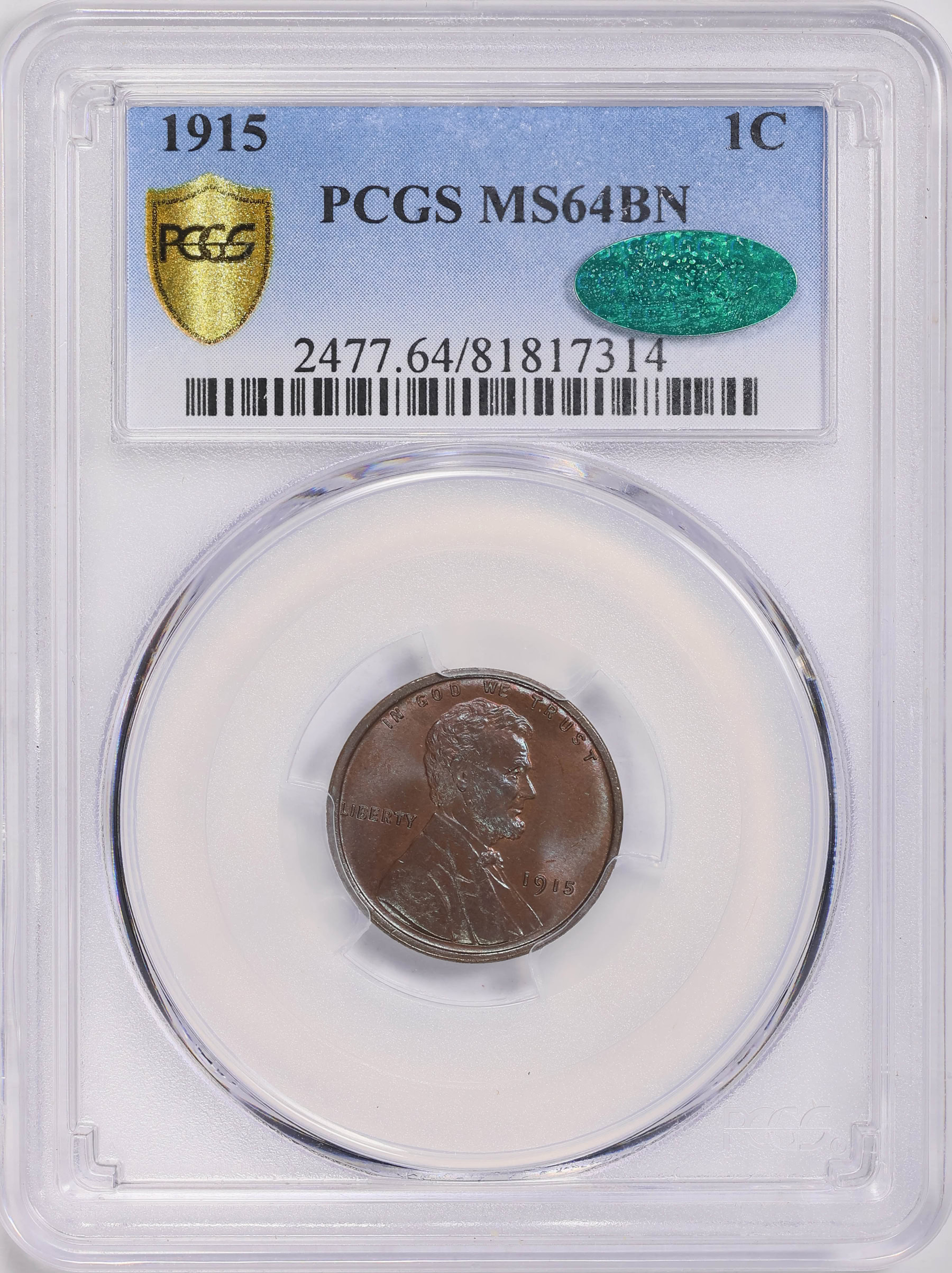 1915 Lincoln Cent PCGS MS-64 BN (CAC Green) (Toned) (Item 1640600) | GreatCollections Coin Auctions