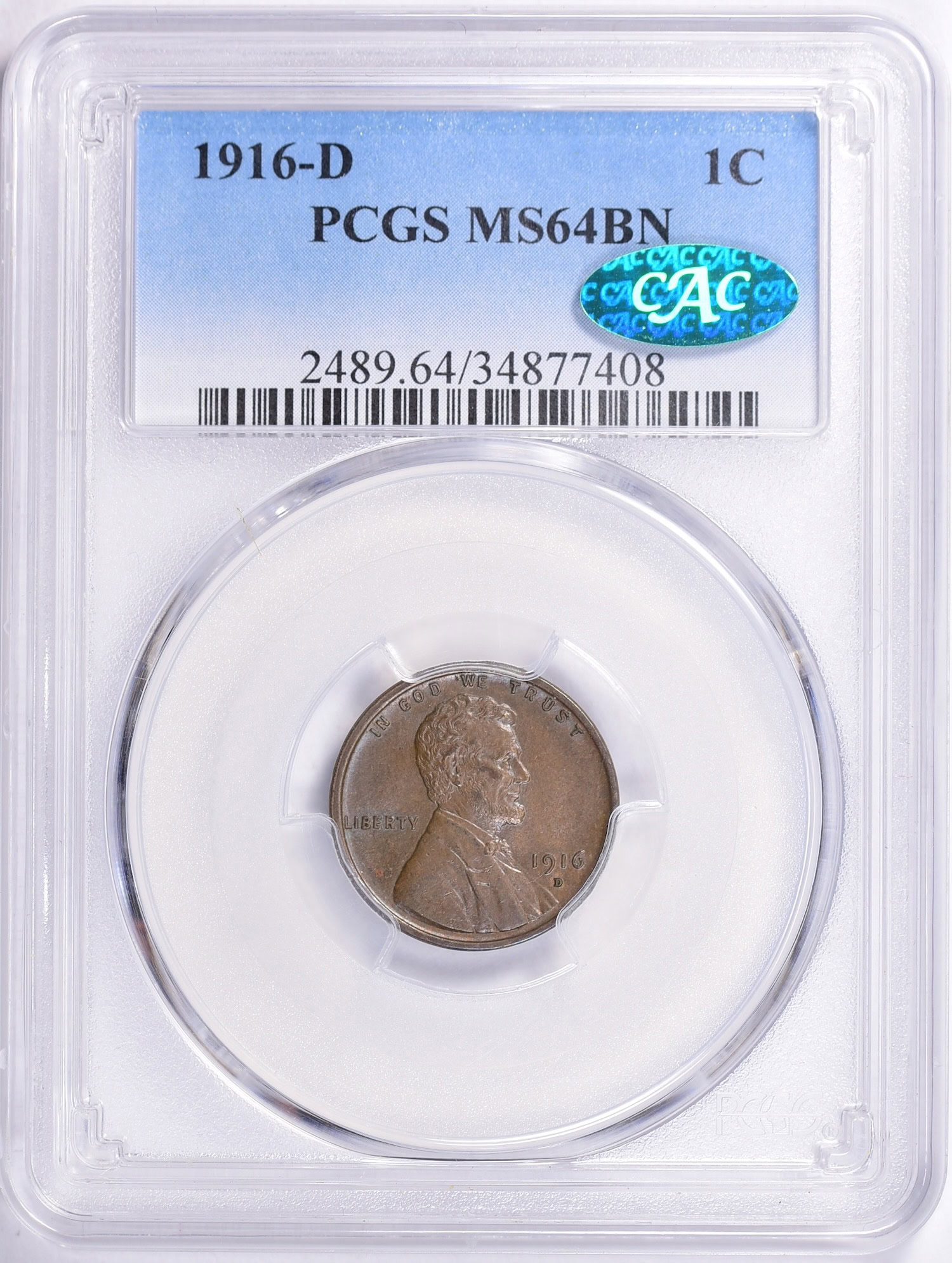 1916-D Lincoln Cent PCGS MS-64 BN (CAC Green) (Item 1640604) | GreatCollections Coin Auctions
