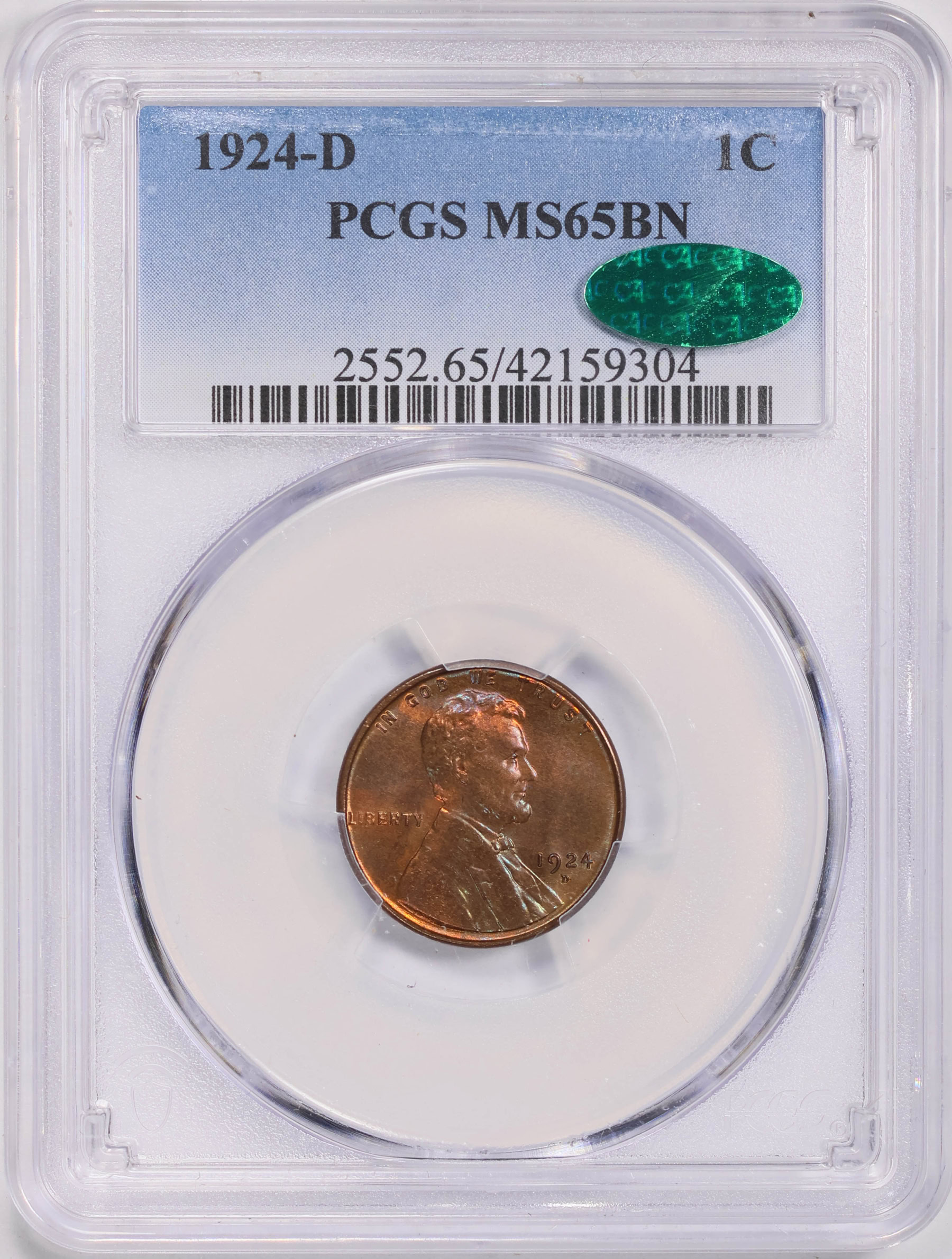 1924-D Lincoln Cent PCGS MS-65 BN (CAC Green) (Toned) (Item 1640624) | GreatCollections Coin ...