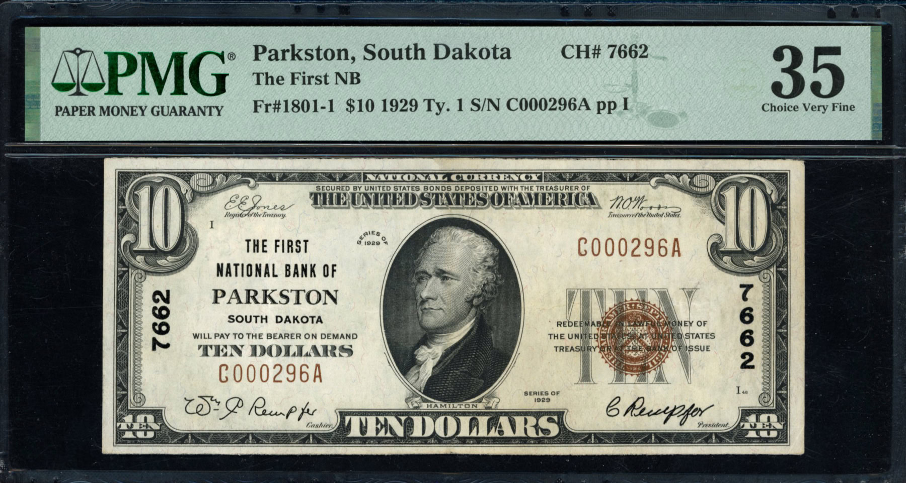 Fr. 1801-1 Parkston, South Dakota 1929 Type 1 The First National Bank ...
