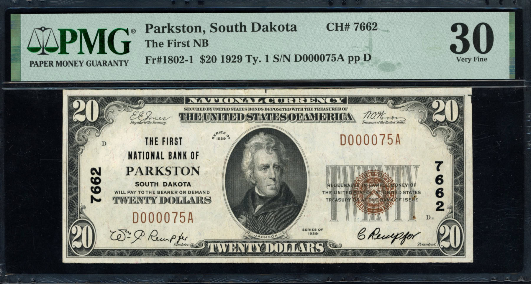 Fr. 1802-1 Parkston, South Dakota 1929 Type 1 The First National Bank ...