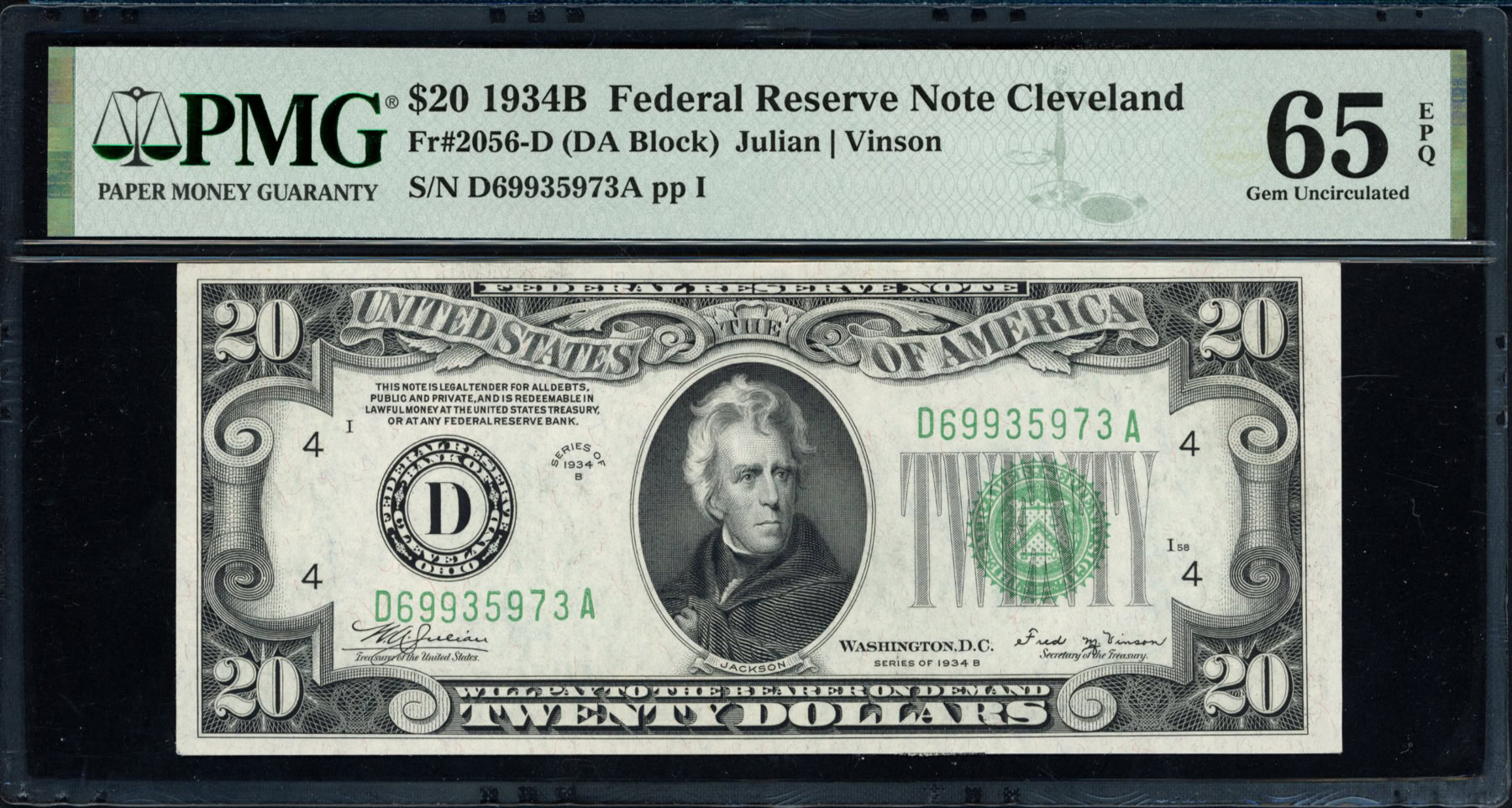 Fr. 2056-D (DA Block) 1934B $20 Cleveland Federal Reserve Note Julian ...