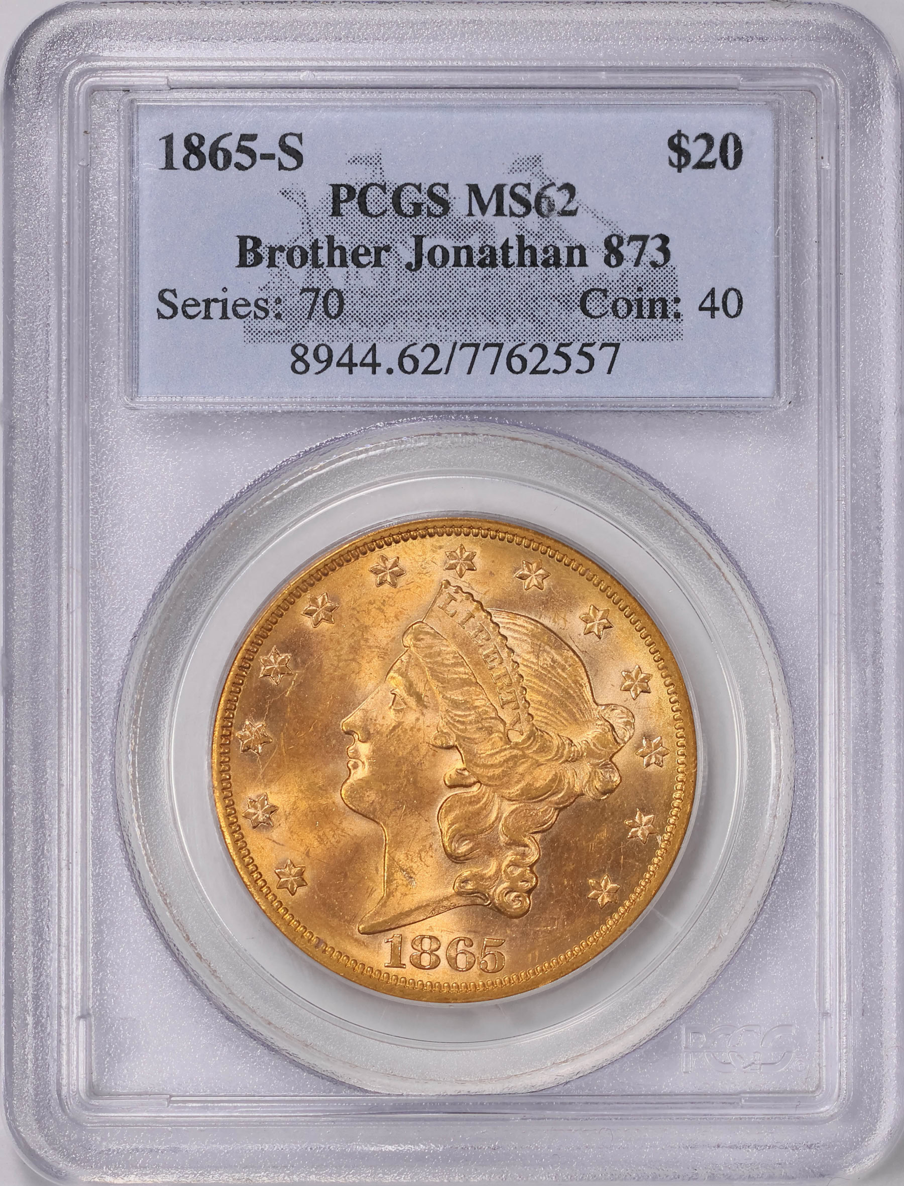 1865-S Liberty Gold Double Eagle Brother Jonathan Shipwreck PCGS MS-62 ...
