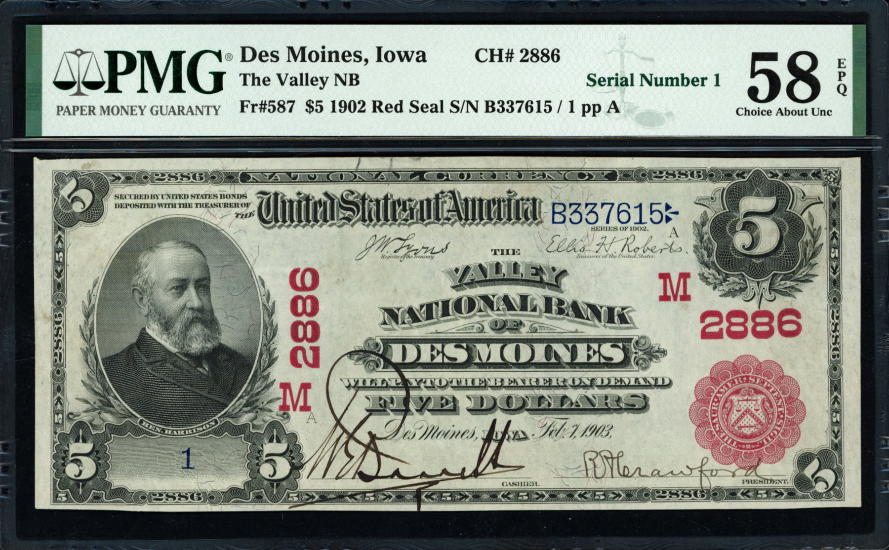 Fr. 587 Des Moines, Iowa 1902 The Valley National Bank $5 Red Seal Note ...
