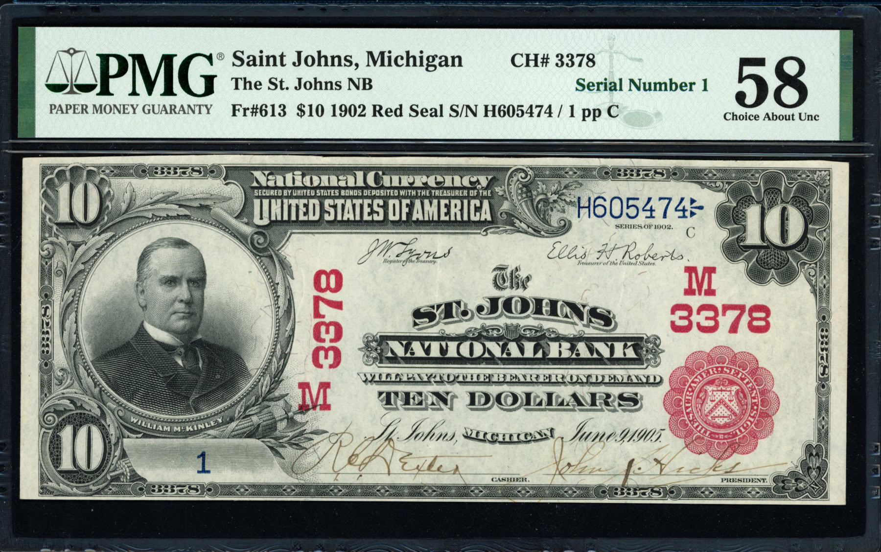 Fr. 613 Saint Johns, Michigan 1902 The St. Johns National Bank $10 Red ...