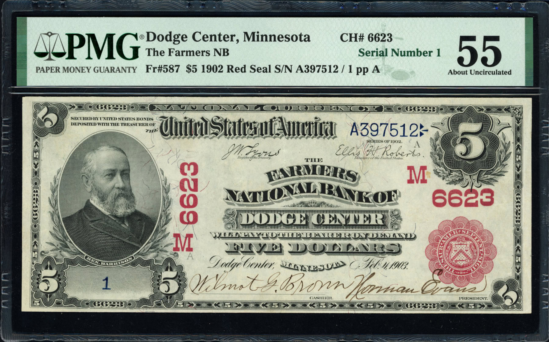 Fr. 587 Dodge Center, Minnesota 1902 The Farmers National Bank $5 Red ...