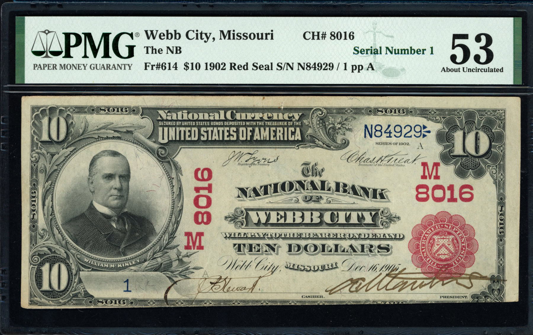 Fr. 614 Webb City, Missouri 1902 The National Bank $10 Red Seal Note ...