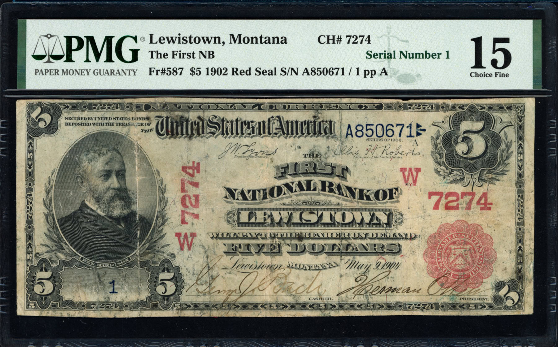 Fr. 587 Lewistown, Montana 1902 The First National Bank $5 Red Seal ...