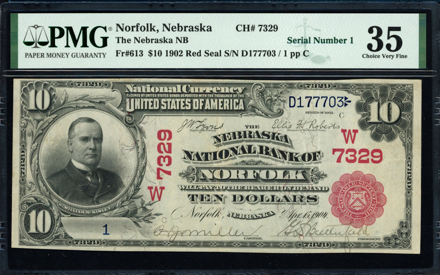 Fr. 613 Norfolk, Nebraska 1902 The Nebraska National Bank $10 Red Seal ...