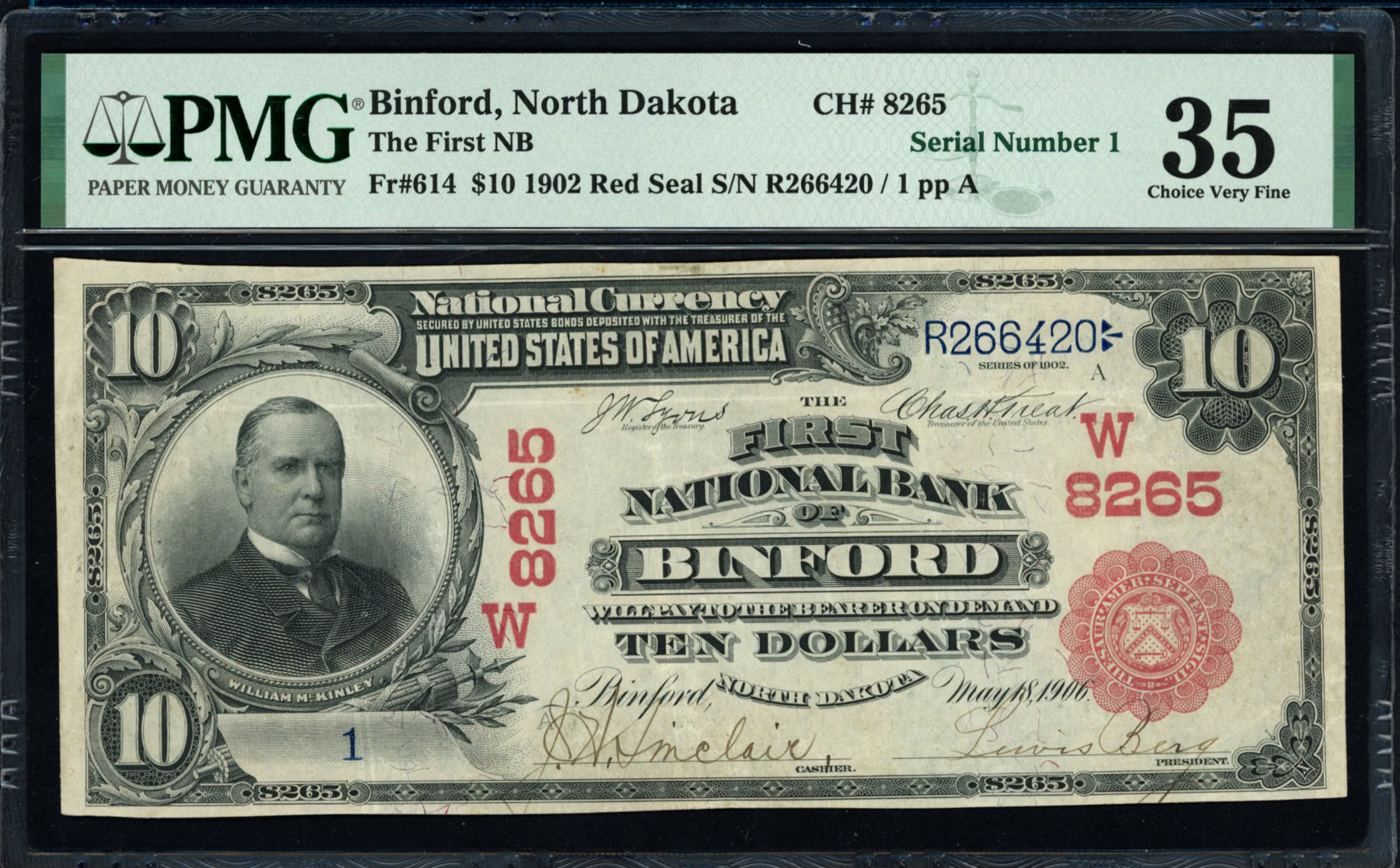 Fr. 614 Binford, North Dakota 1902 The First National Bank $10 Red Seal ...
