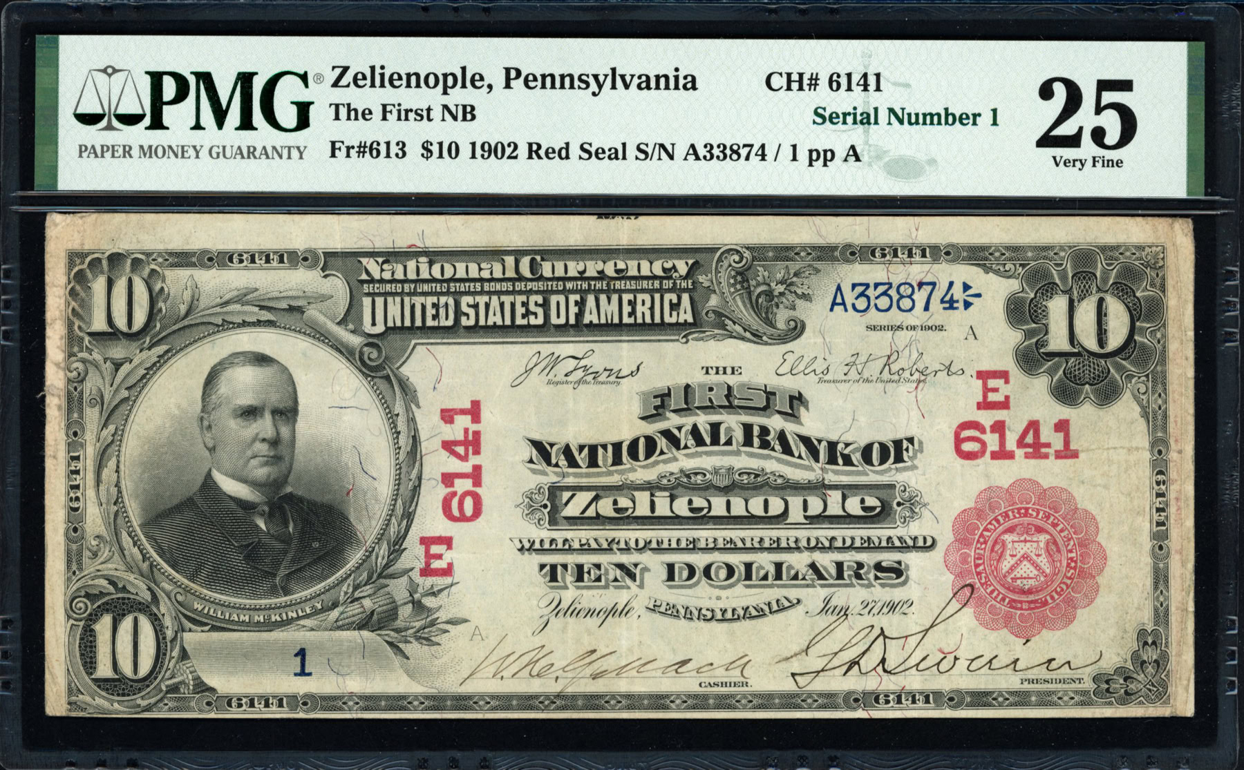 Fr. 613 Zelienople, Pennsylvania 1902 The First National Bank $10 Red ...