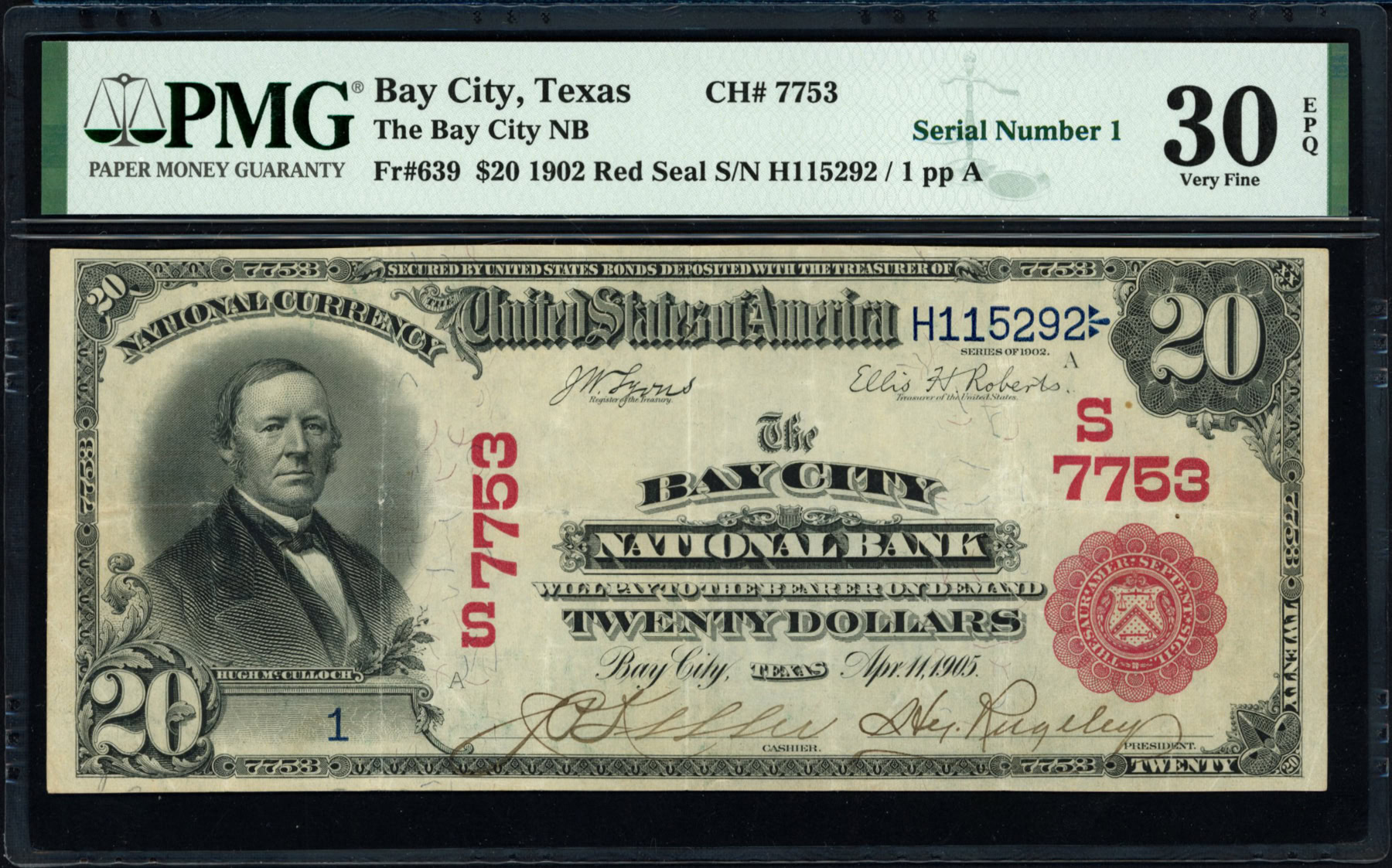 Fr. 639 Bay City, Texas 1902 The Bay City National Bank $20 Red Seal ...