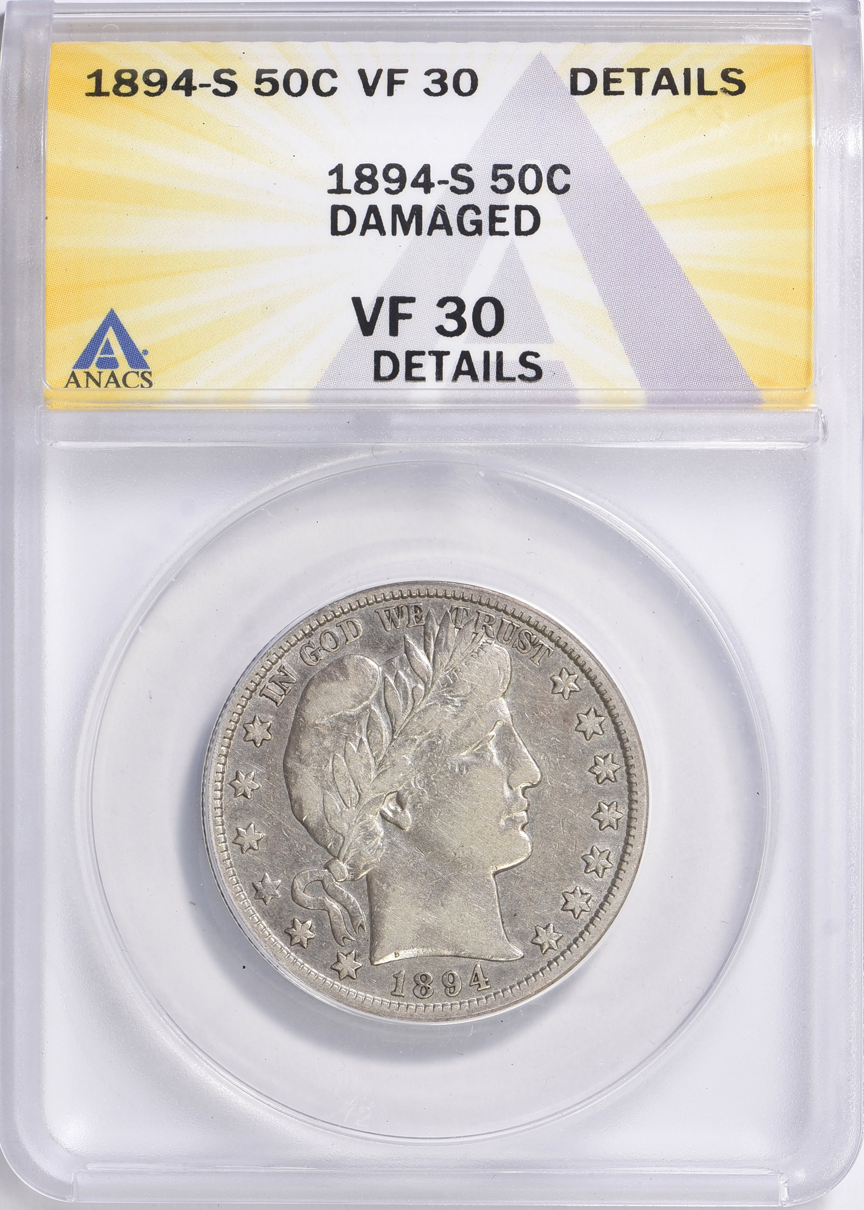 1894-S Barber Half Dollar ANACS VF-30 Details (Item 1641698) | GreatCollections Coin Auctions