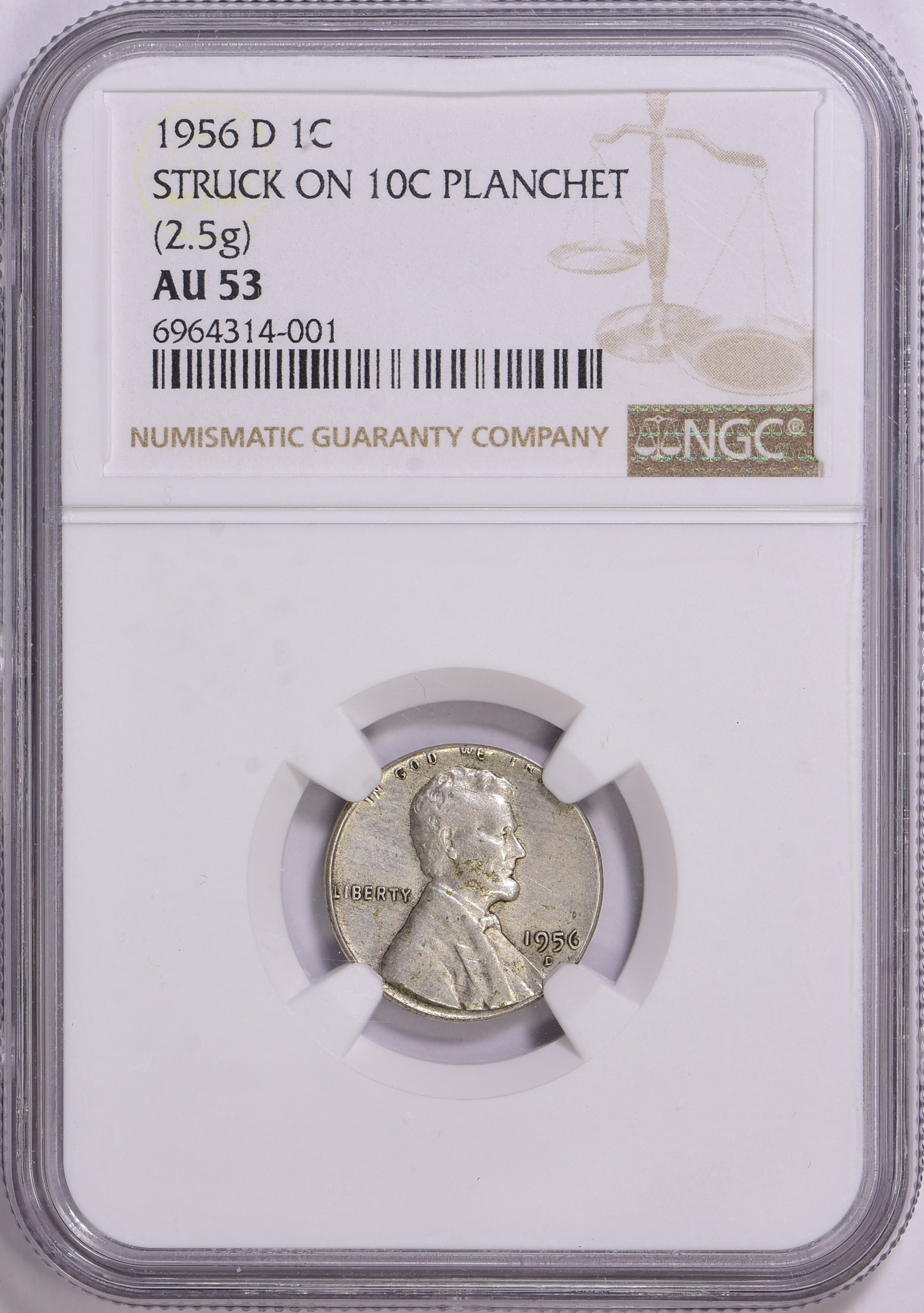 Mint Error 1956-D Lincoln Cent Struck on Silver 10c Planchet NGC AU-53 (2.5gms) | NGC Cert ...